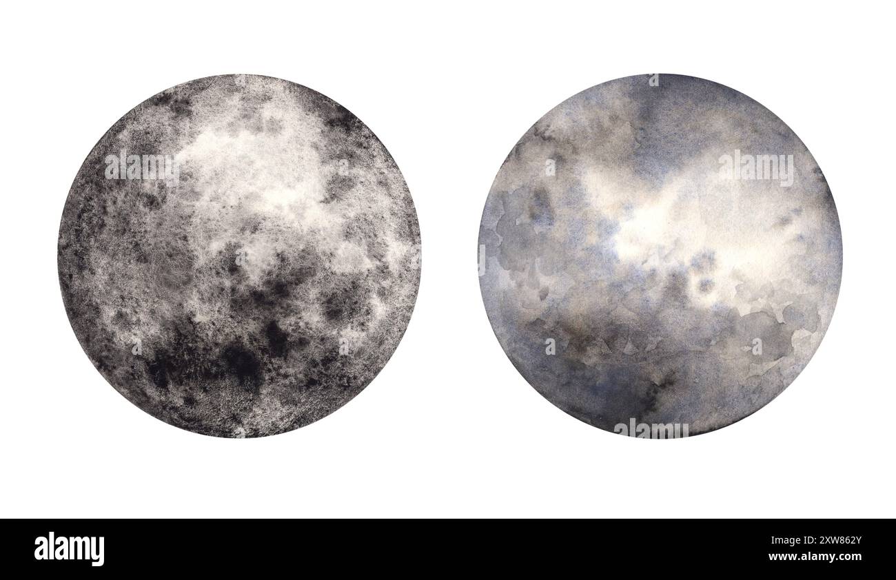 Moon painted in watercolor. Set of dark blue moons drawn by hand on an ...
