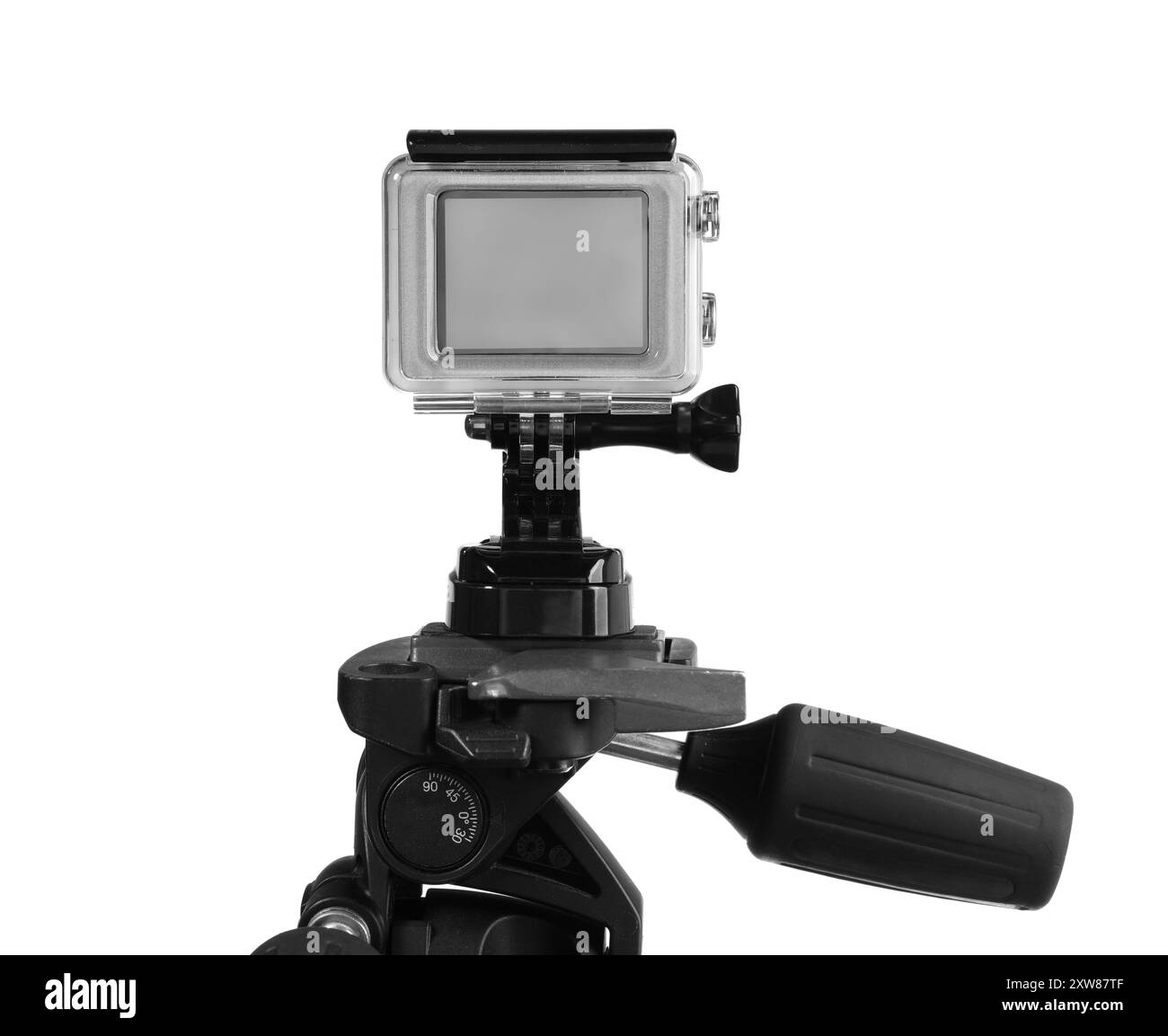 Modern action camera and stabilizer isolated on white Stock Photo - Alamy