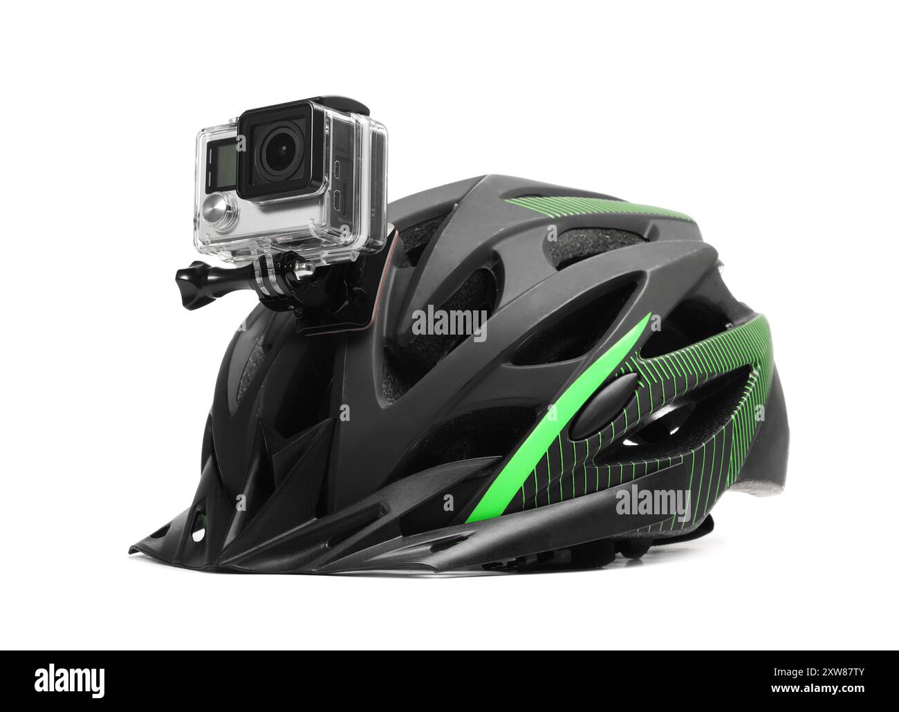 Modern action camera on helmet against white background Stock Photo - Alamy