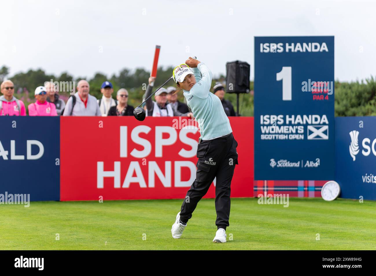 North Ayrshire, Scotland. 18th August 2024. Jin Young Ko tees of during the final round of the ...