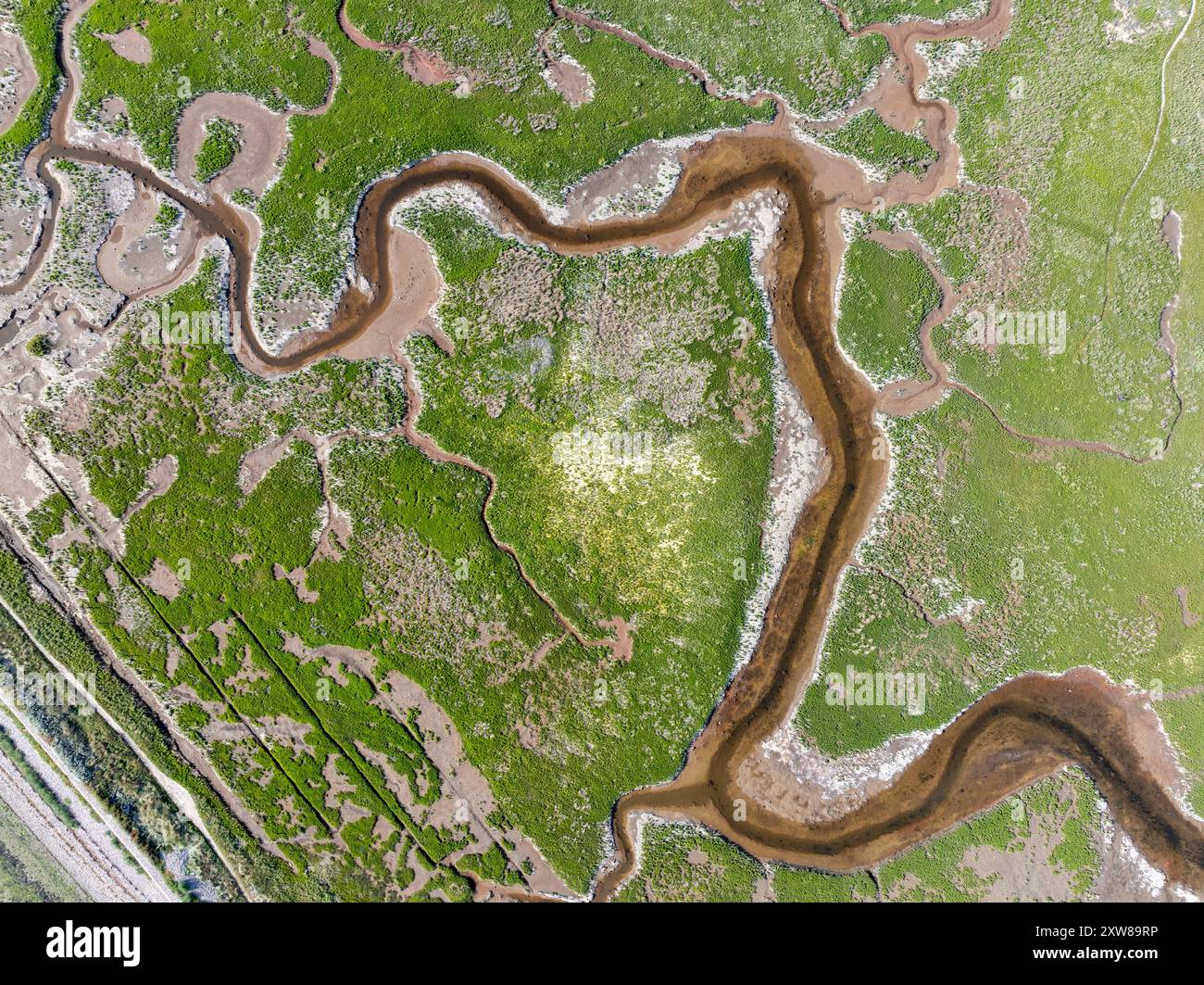 View looking straight down on flood damaged land. Abstract patterns ...