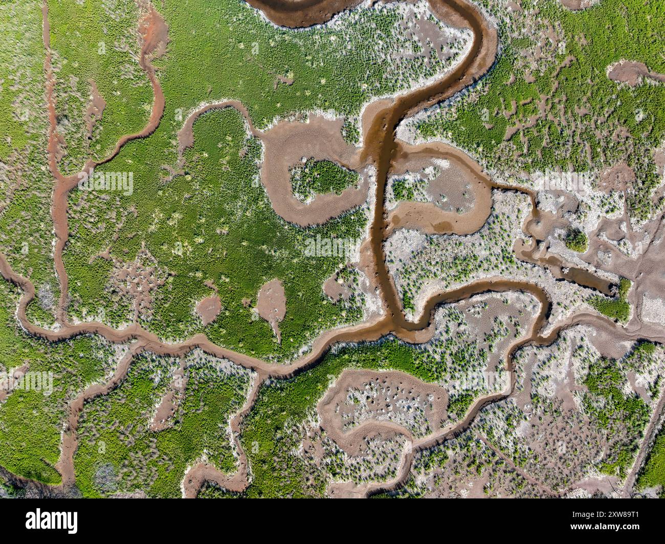 View looking straight down on flood damaged land. Abstract patterns ...