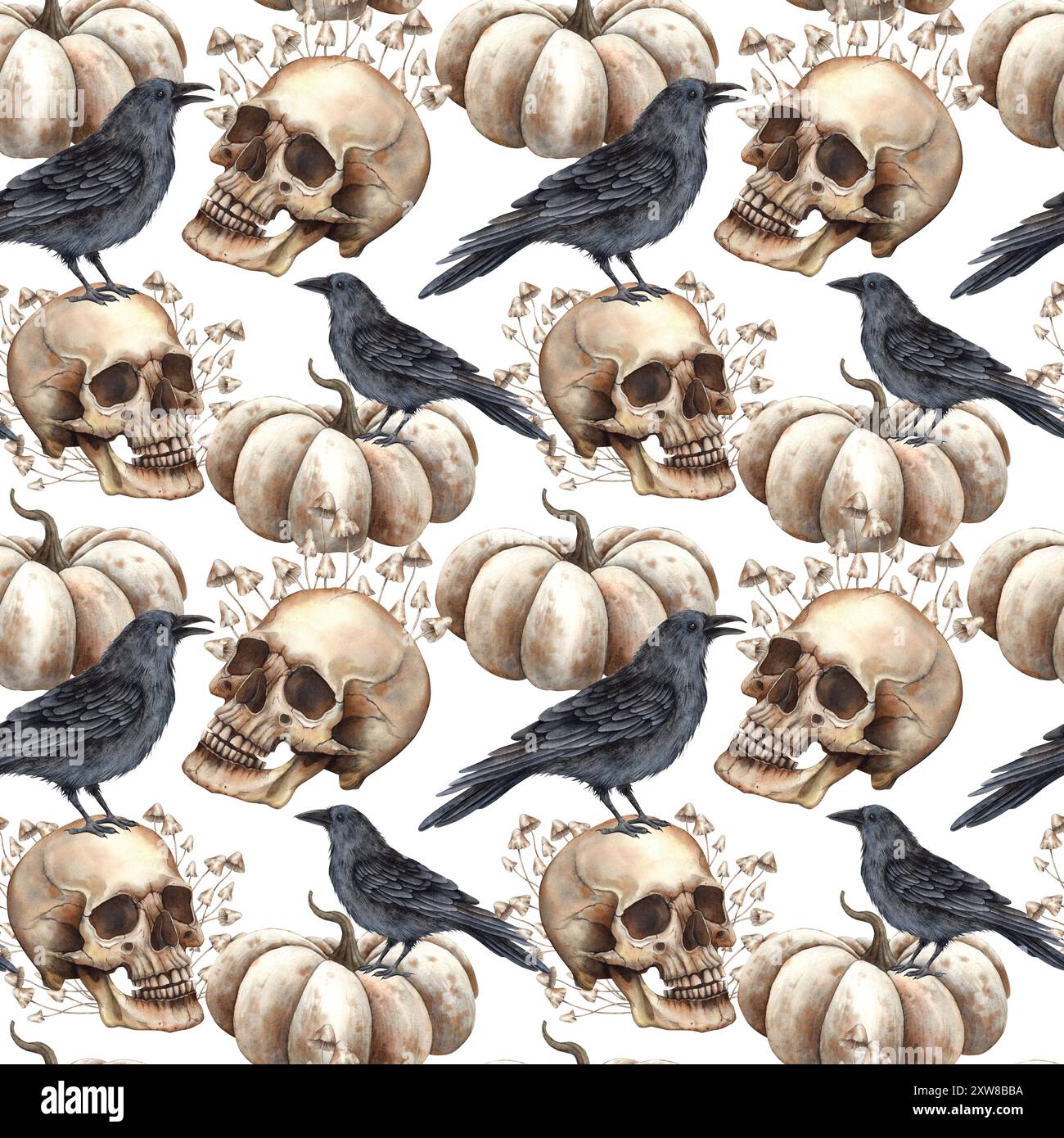 Human skull, black raven, poisonous mushrooms, white pumpkin ...