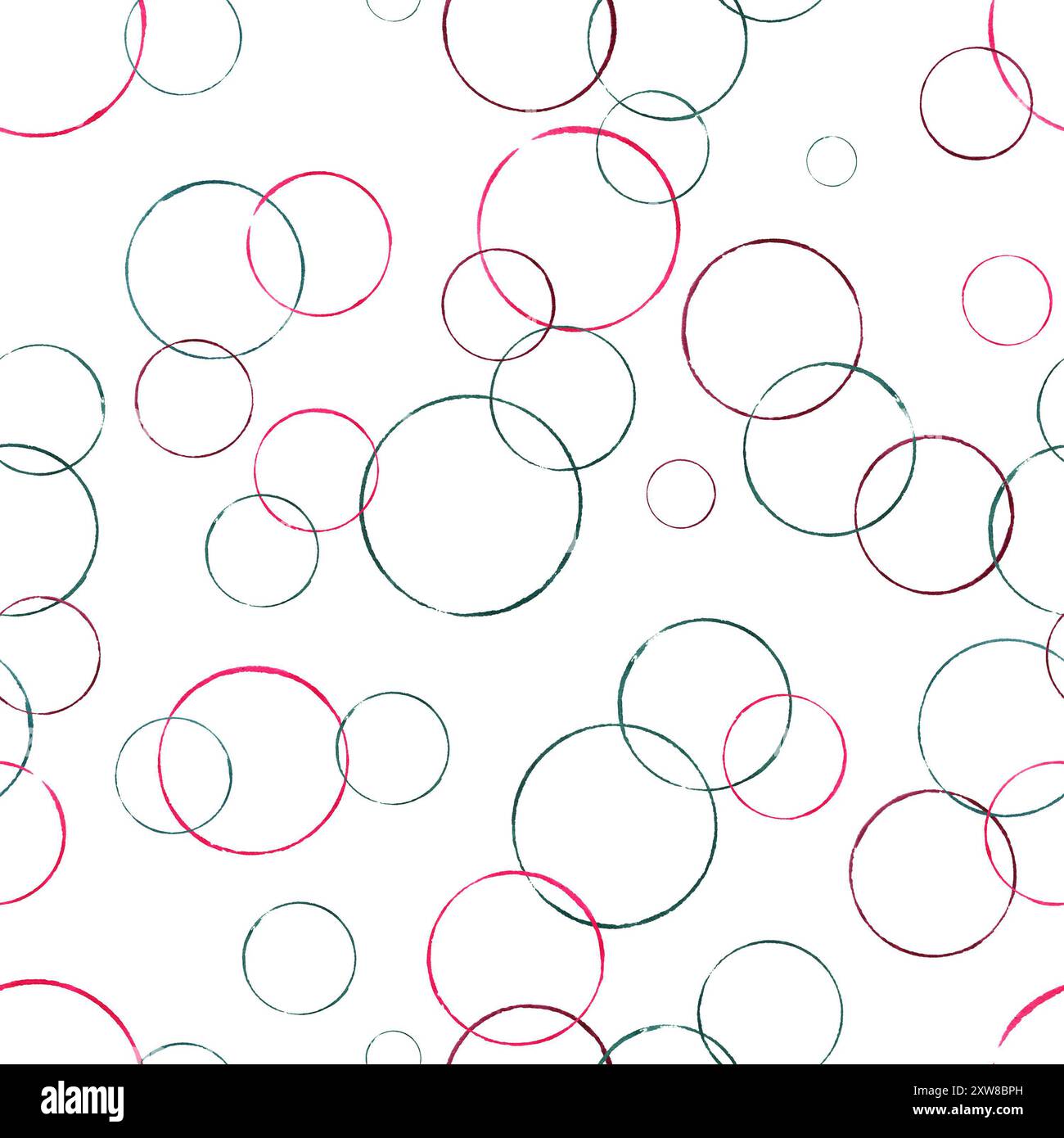 Colored abstract circle shapes seamless pattern. Overlapping pink and green paintbrush circles ...