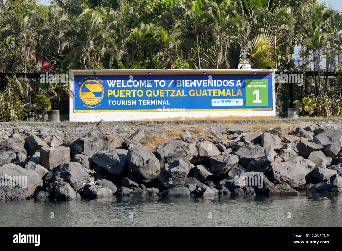 Puerto Quetzal, Guatemala - 19 January 2024: Welcome sign at the cruise ...
