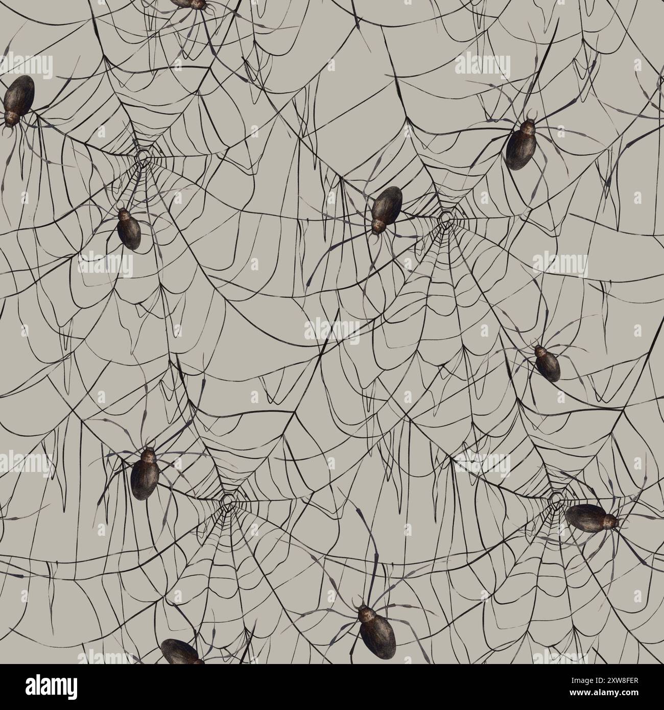 Fine lacy black web and realistic spiders. Hand-drawn watercolor ...