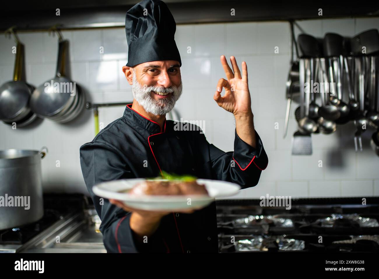 Smiling chef is holding a plate of food and making the ok sign with his ...