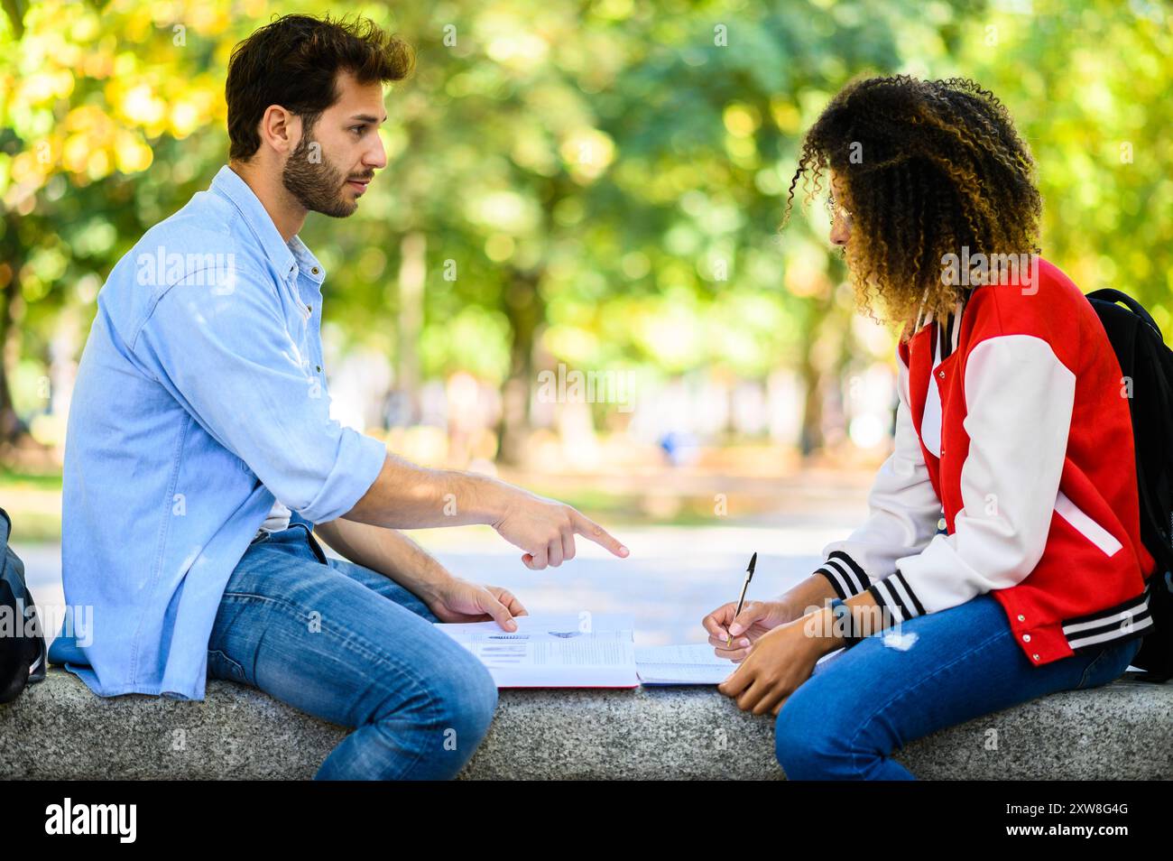 Two college students study together on a campus bench, surrounded by ...