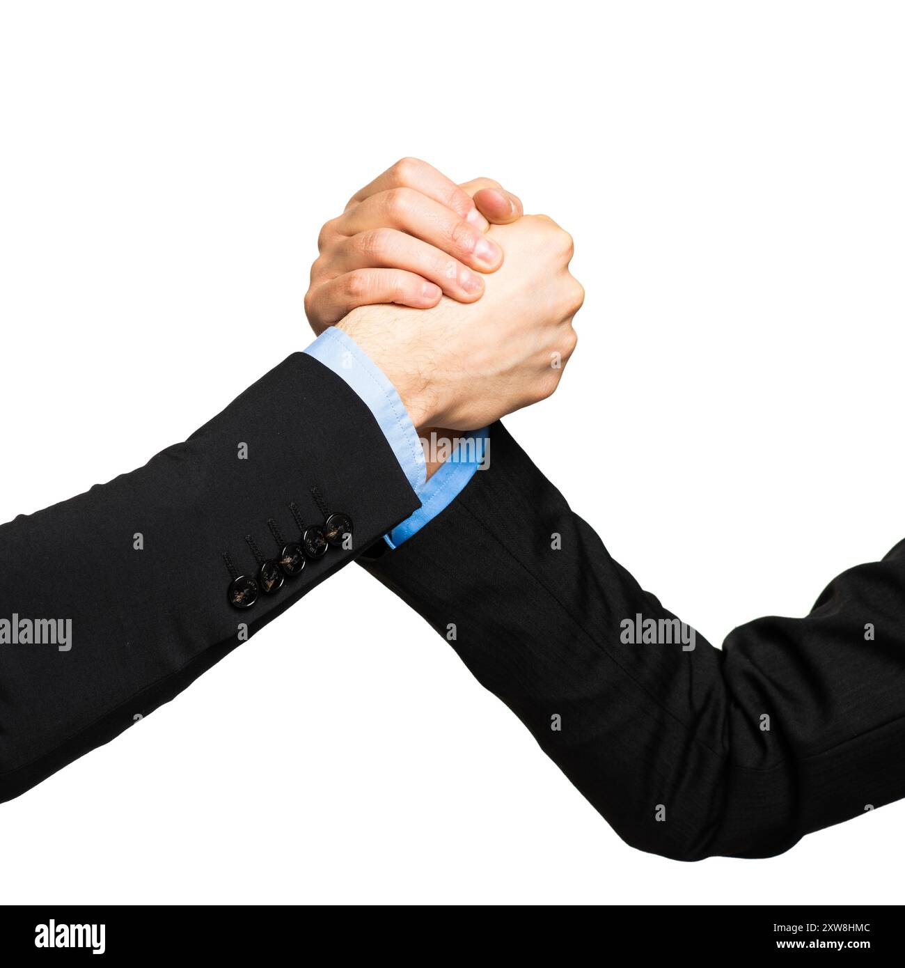 Two businessman hands, arm wrestling, isolated on white background ...