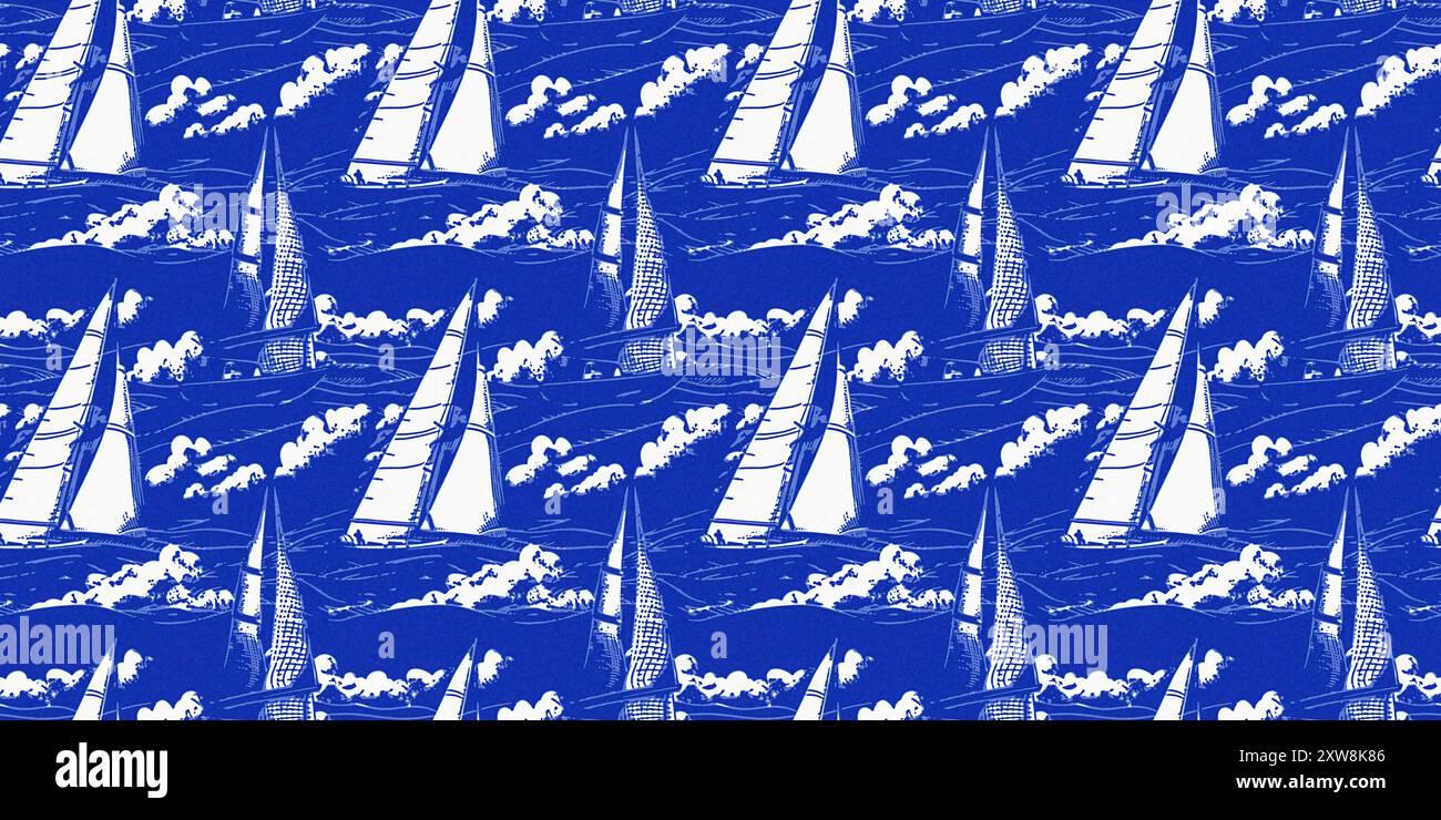 Coastal sail boat in azure ocean blue seamless border background ...