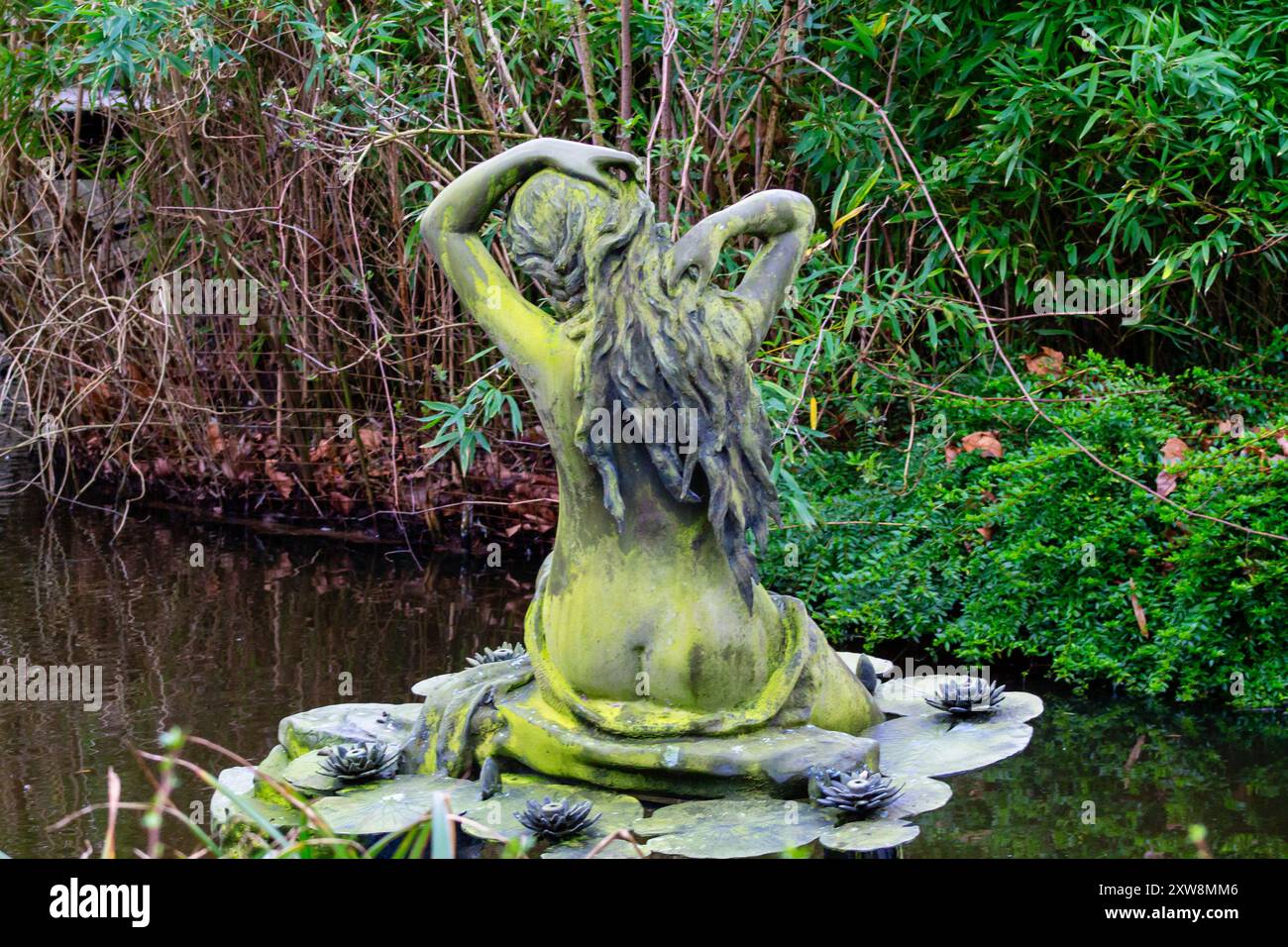 A moss-covered statue of a mermaid sitting on a lily pad in a serene ...