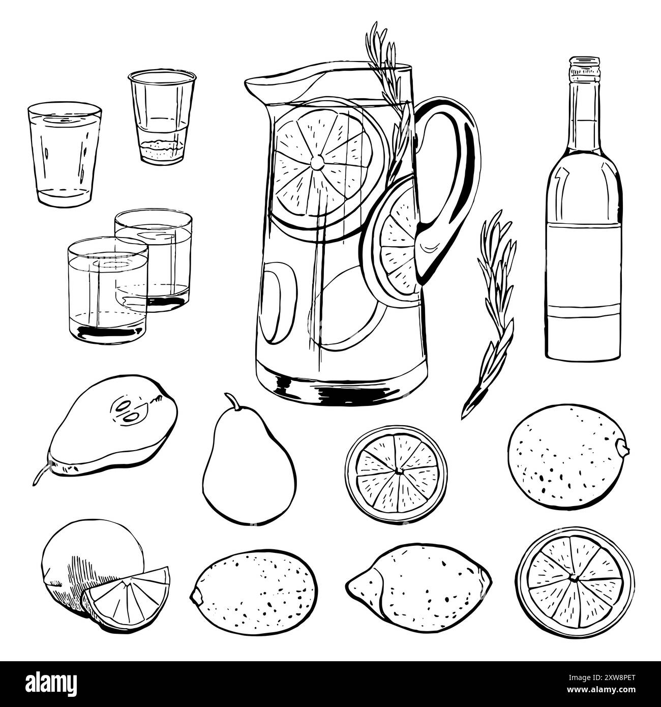 Drink refreshments with fruits and berries. Sangria illustration set ...