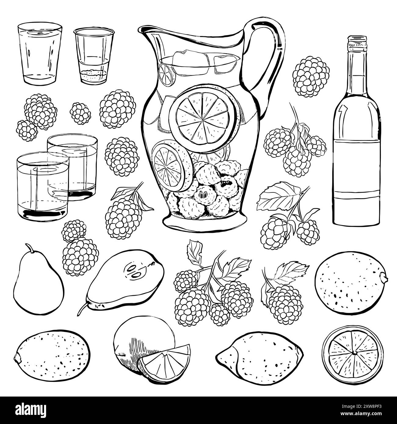 Drink refreshments with fruits and berries set. Raspberry and lemon ...