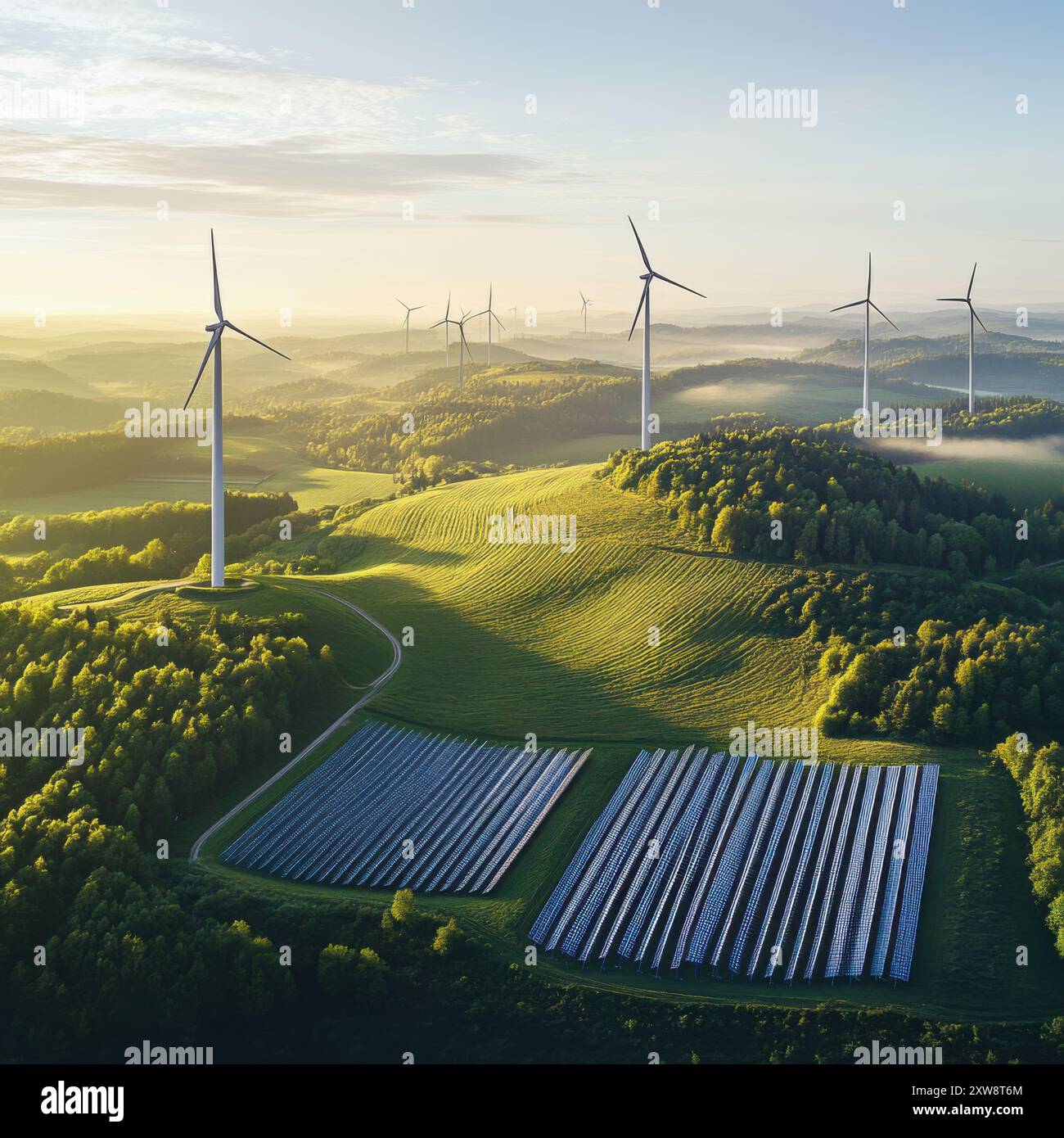 Aerial view shows wind turbines and solar panels blended into a green ...