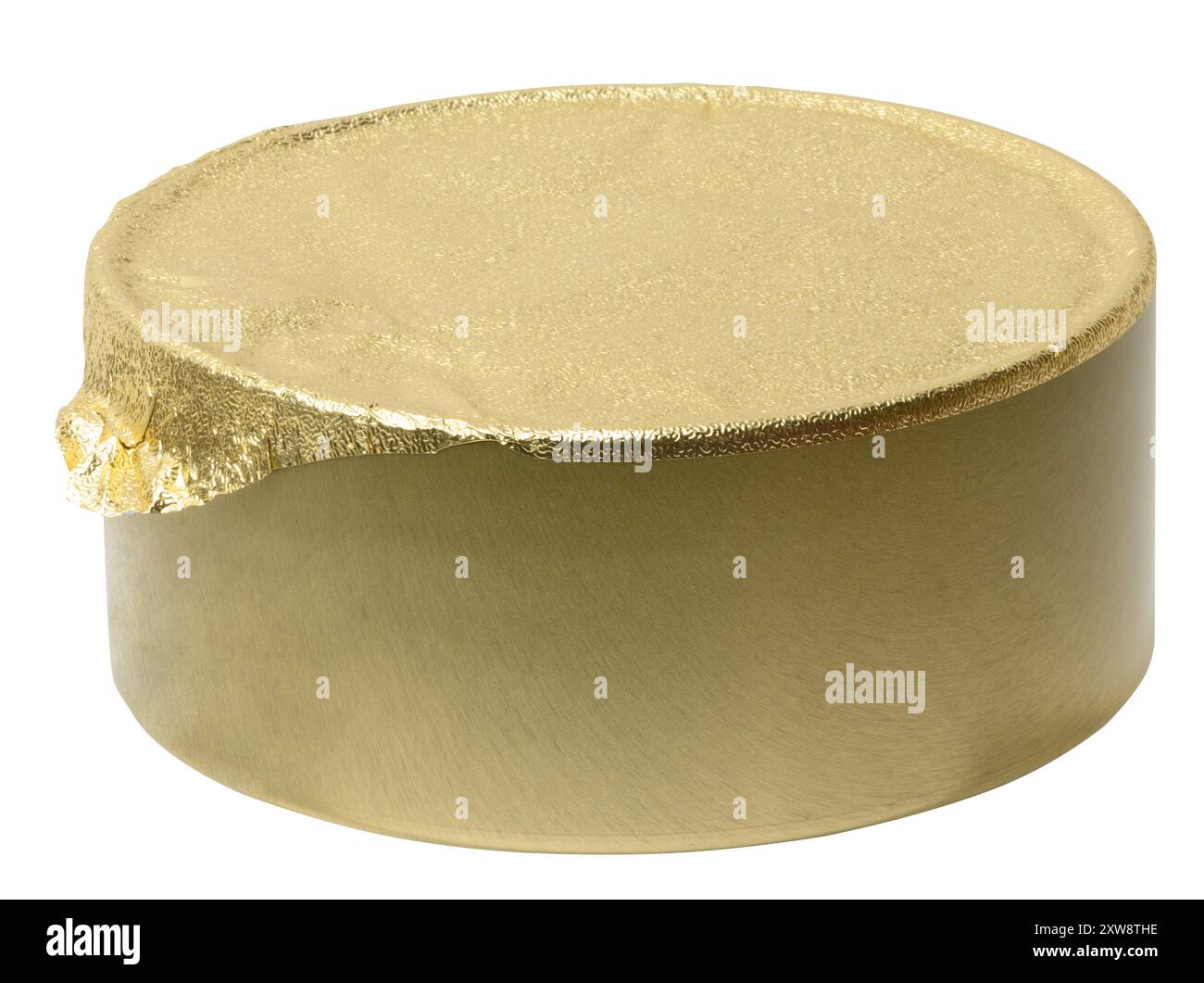 Yellow tin can with foil lid on isolated background, container for ...