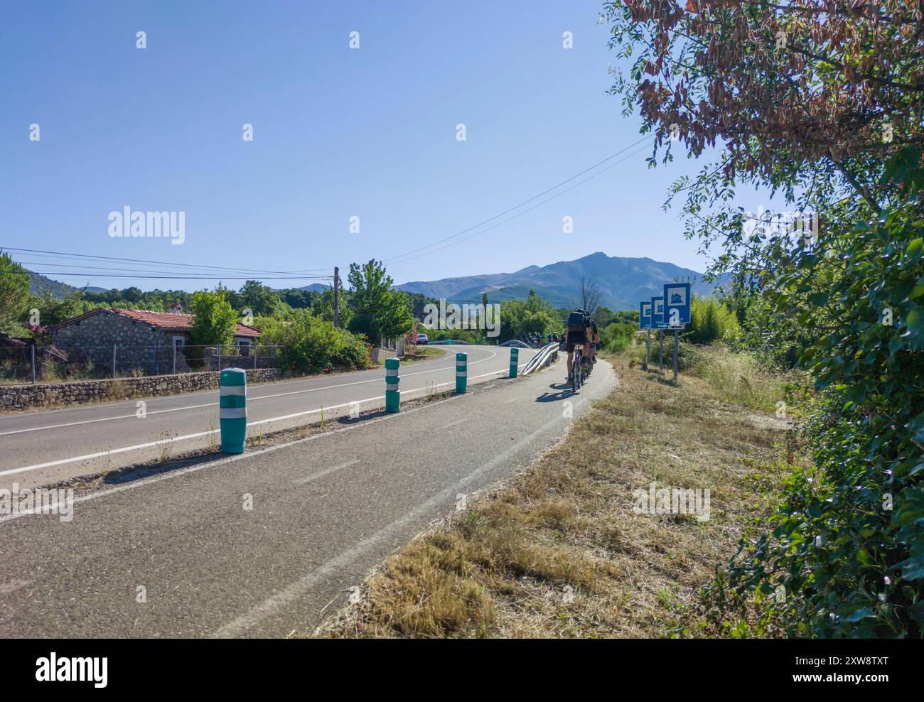 Segregated cycle lane running parallel to a local road. Group of ...