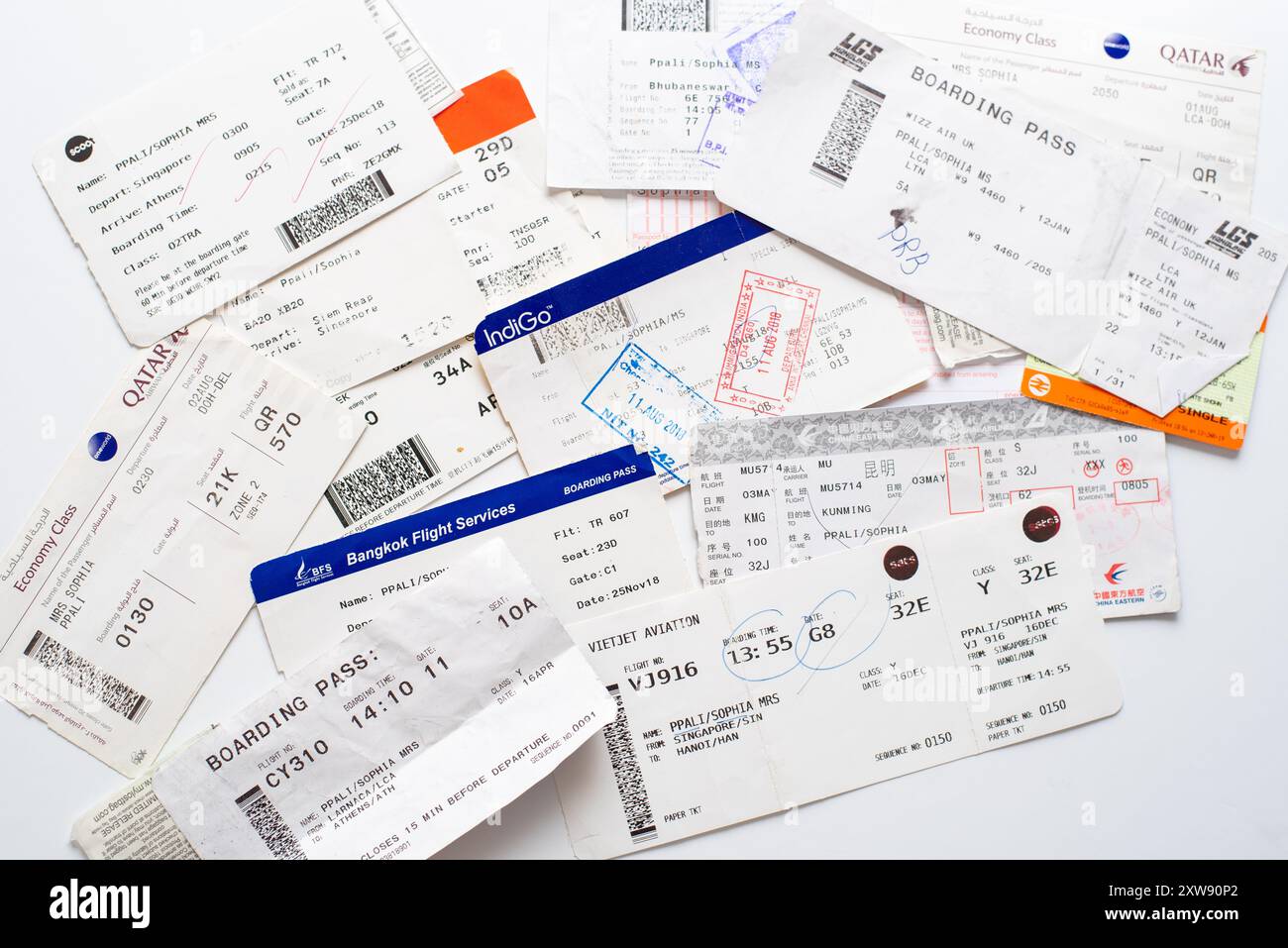 Nicosia, Cyprus, May 4 2019: Group of airplane boarding travel pass ...