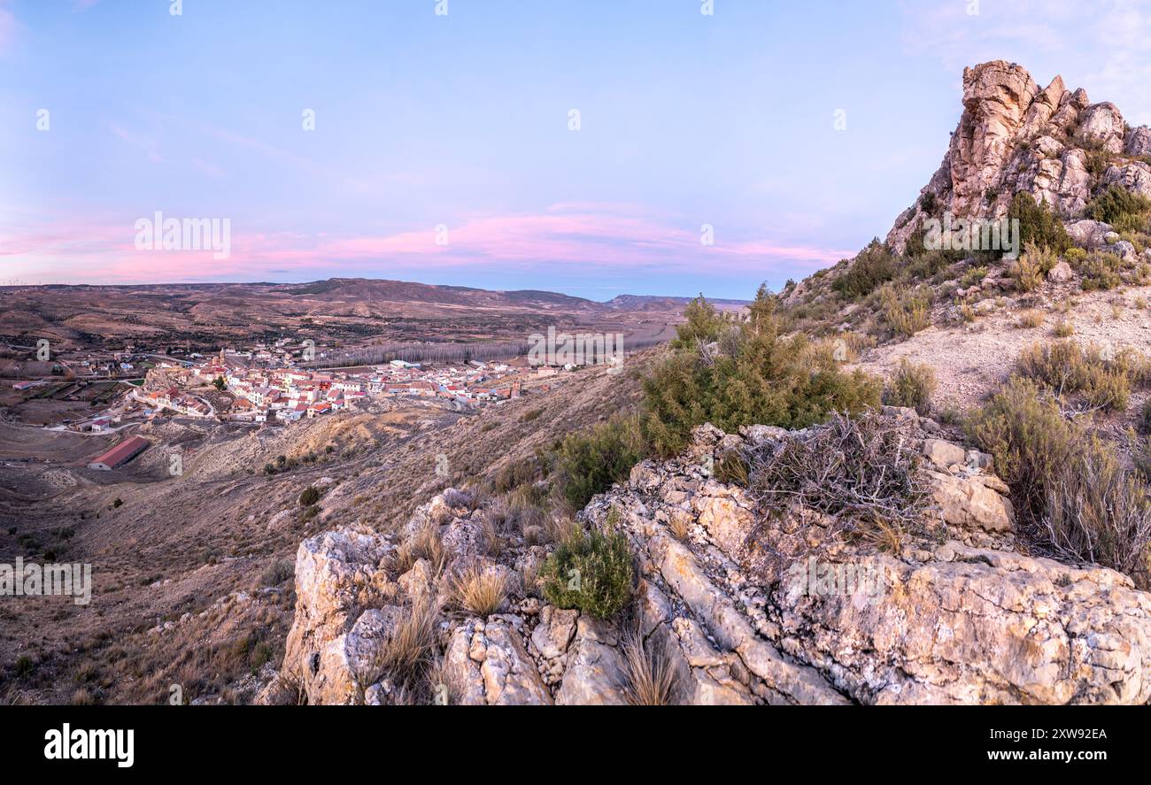 View of Oliete Village and Volitera Cave Mountain Stock Photo - Alamy