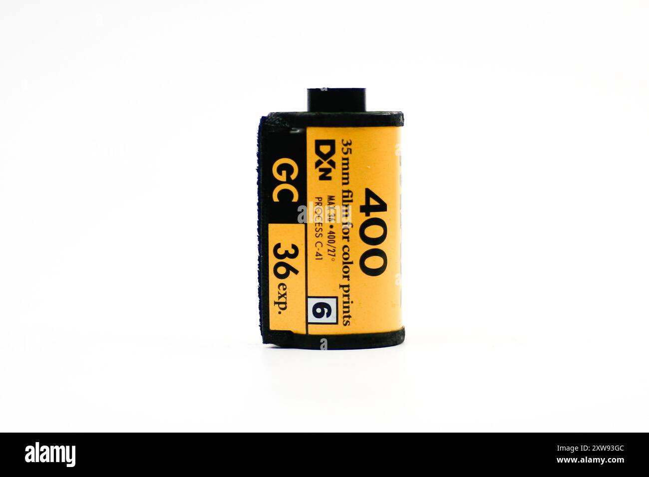 Close up a used roll film Kodak Gold 400 35mm canister isolated on ...