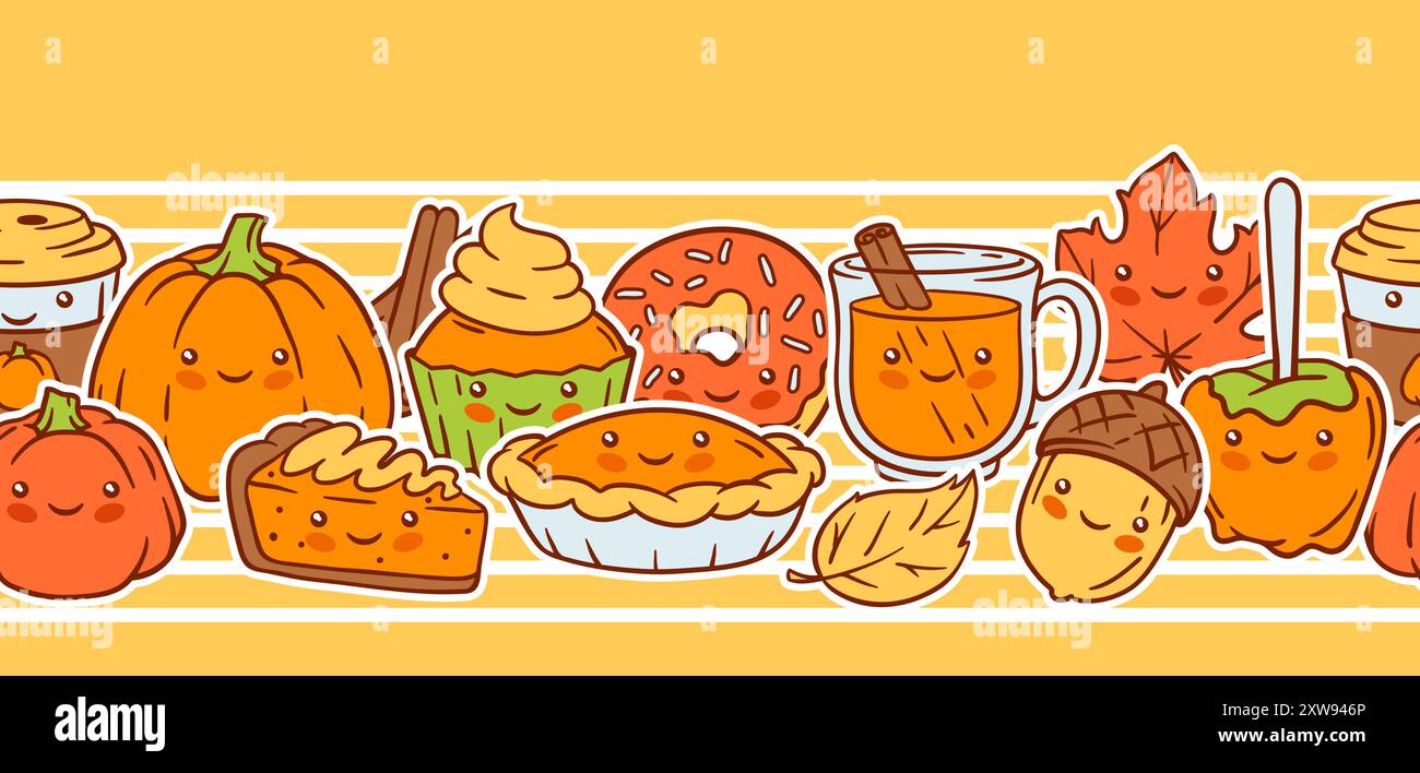 Autumn kawaii pattern. Happy Thanksgiving Day and Halloween traditional ...