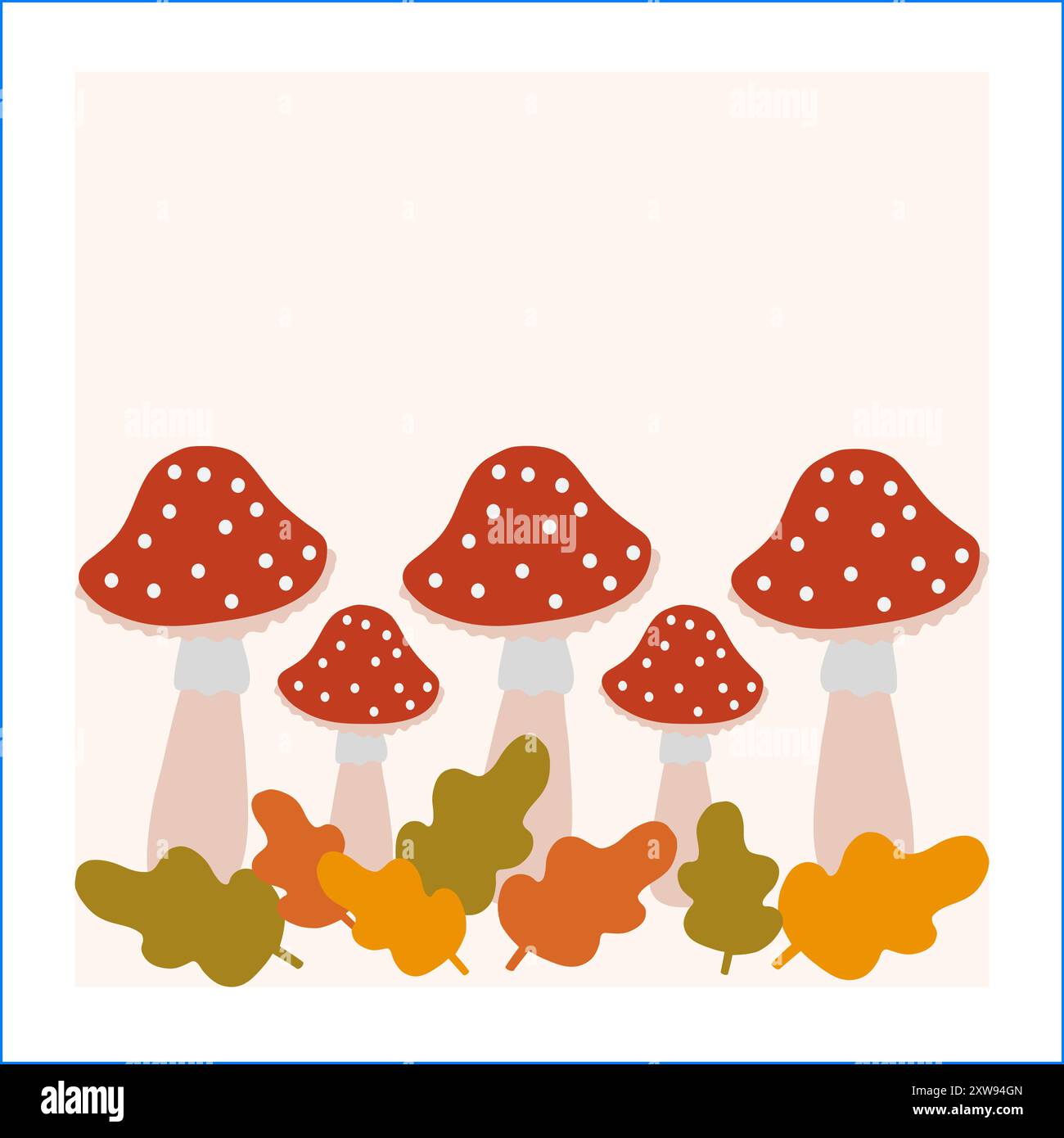Colorful red mushrooms with white spots and autumn leaves in a cozy ...