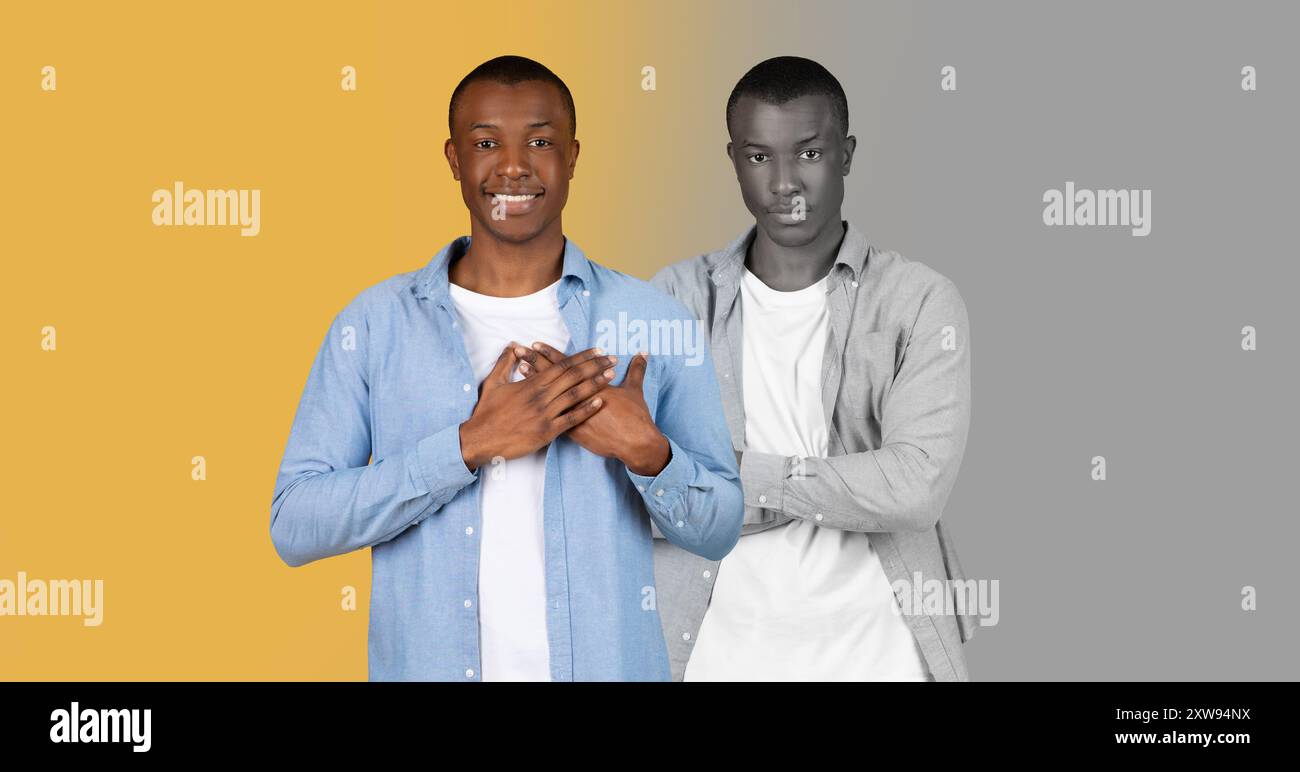 Man Standing Confidently With Hands on Chest Against Two-Tone ...