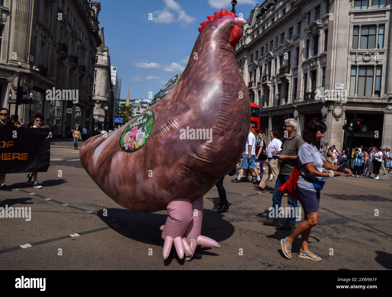 London, UK. 17th Aug, 2024. An animal rights activist wearing a giant ...
