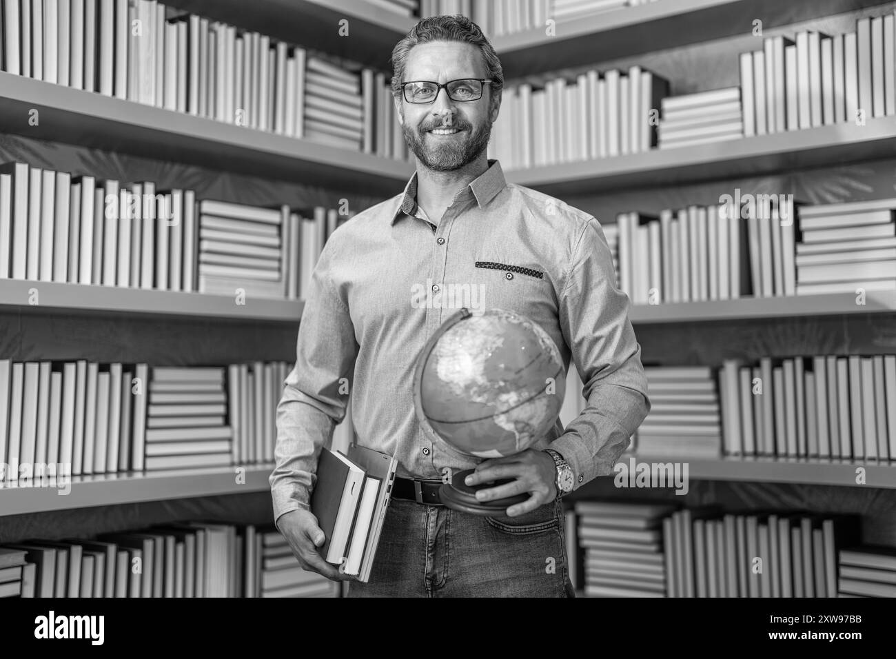 school teacher professor in classroom preparing for exam of geography ...