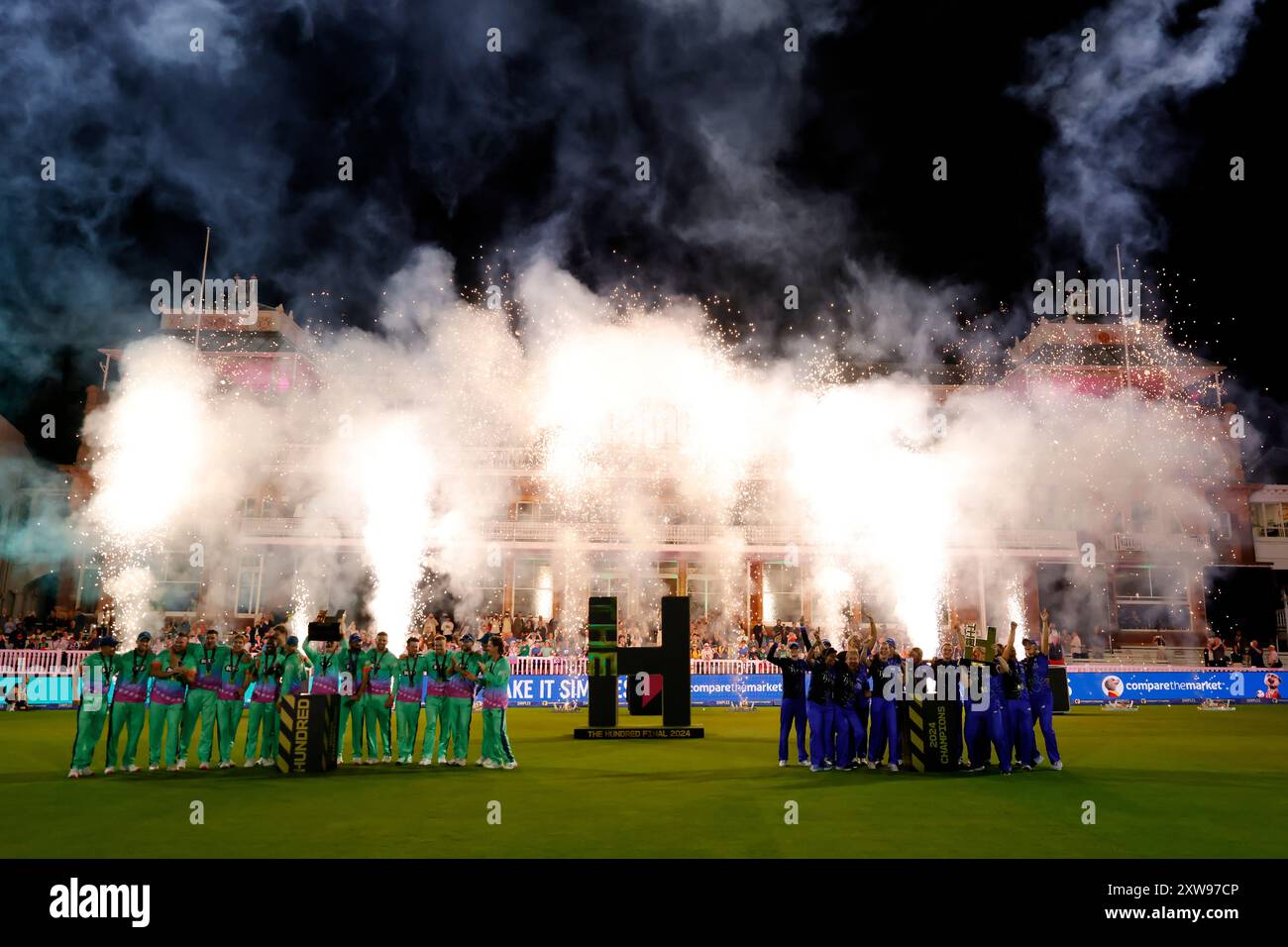 Oval Invincibles (left) and London Spirit celebrate winning The Hundred ...