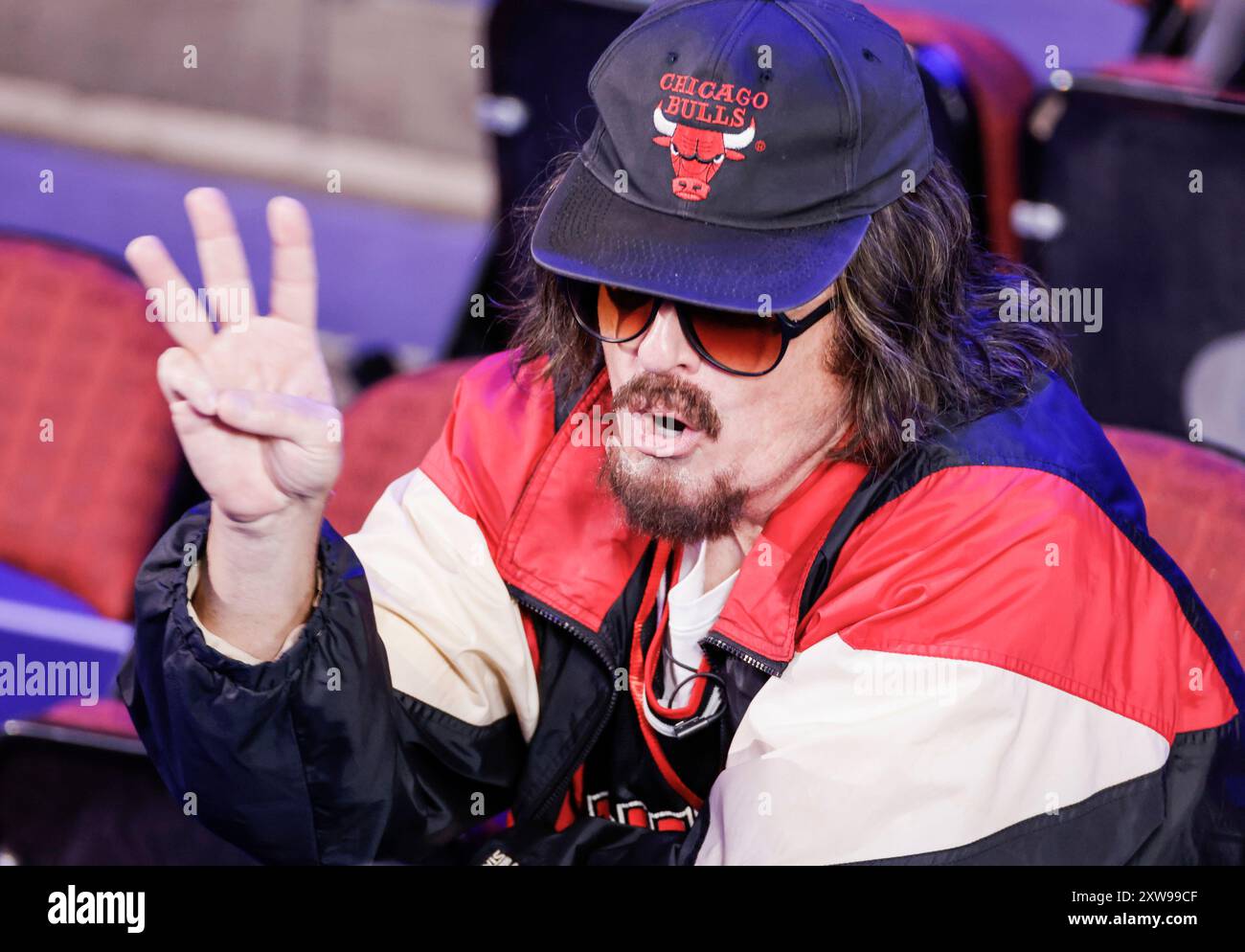 Comedian Steven Colbert is dressed as a Chicago Bulls fan as he appears ...