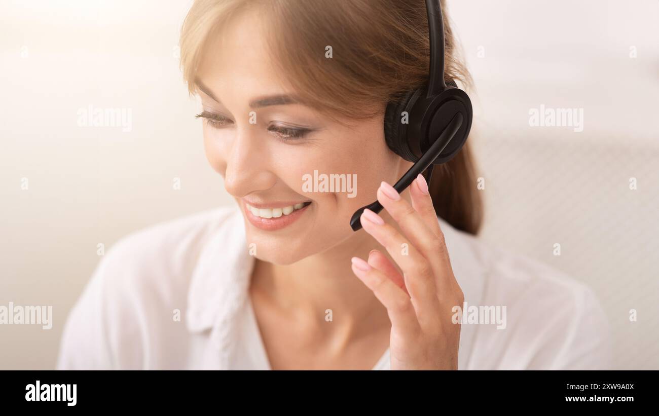 Positive Lady In Headset Working In Call Center, White Background Stock ...