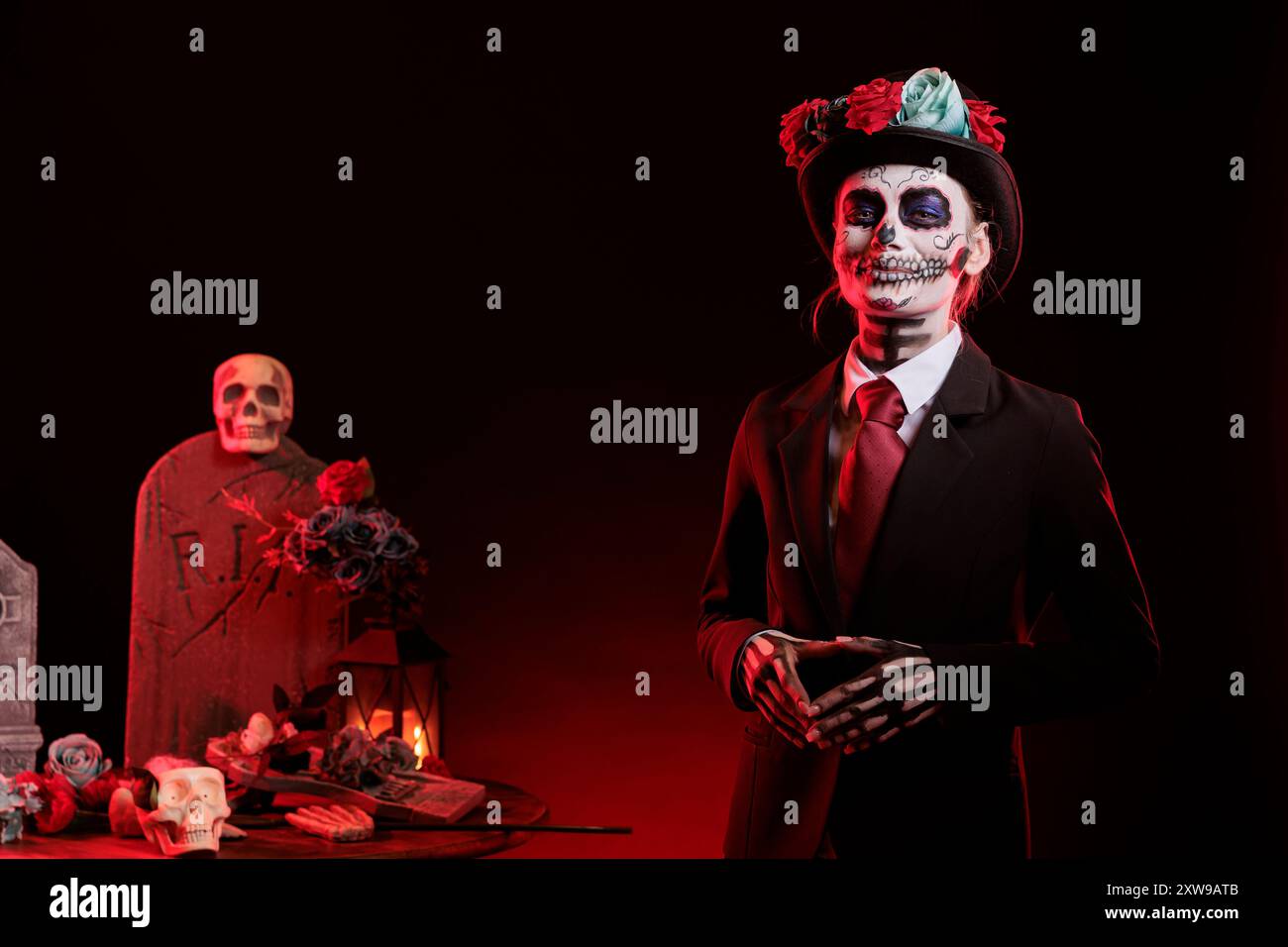 Portrait of smiling girl in graveyard at Dia de los Muertes indigenous ...