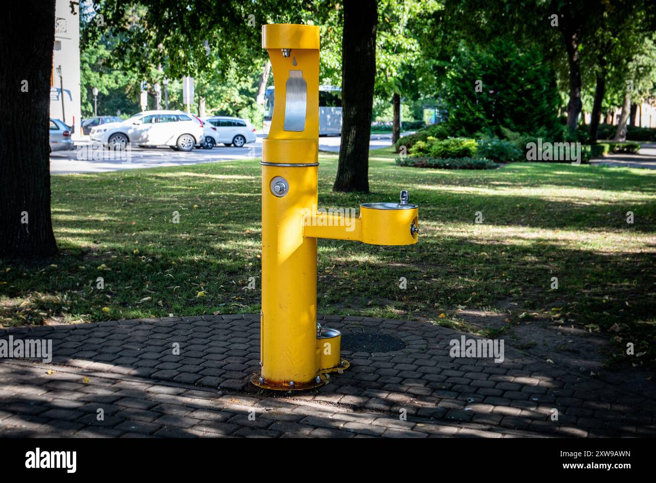 Yellow public water station for drinking water, park in background ...