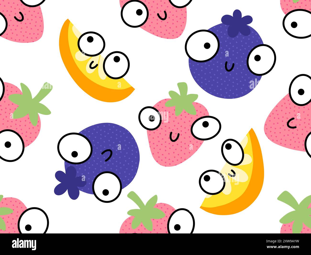 Summer cartoon line art berries seamless strawberry fruit pattern for ...
