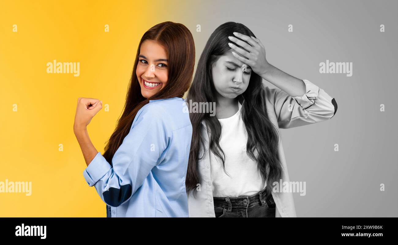 Contrasting Emotions Displayed by Woman in a Split Tone Background ...