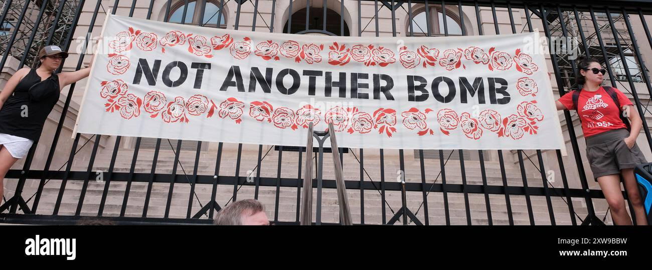 August 18, 2024: At a protest in Atlanta, a banner that reads NOT ...