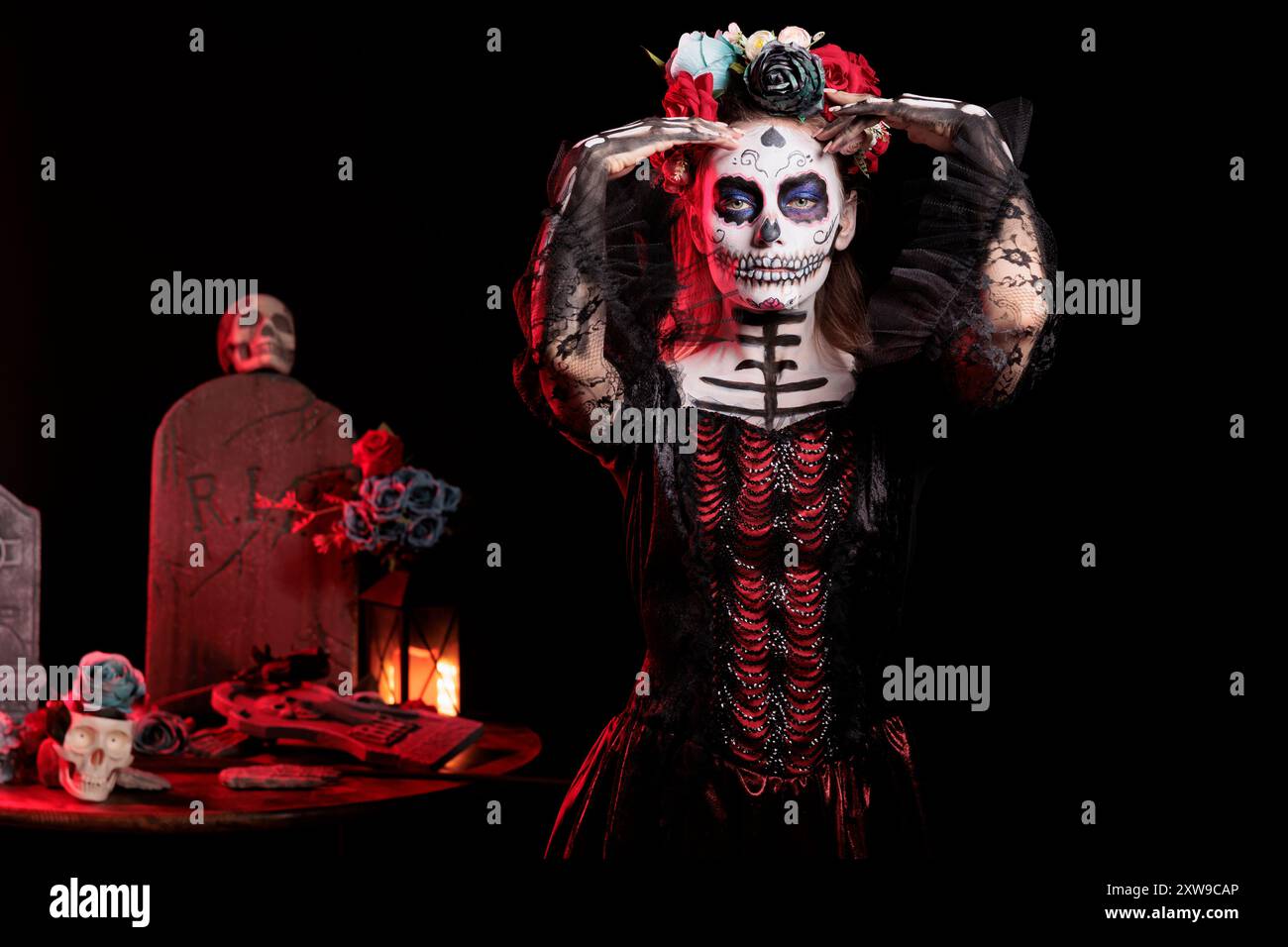 Portrait of happy woman wearing suit during D a de los Muertos ...