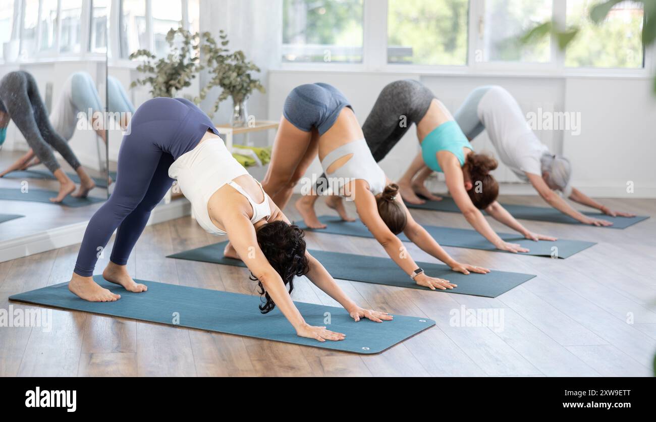 Group of women meditates in yoga pose parshvottanasana in gym ...