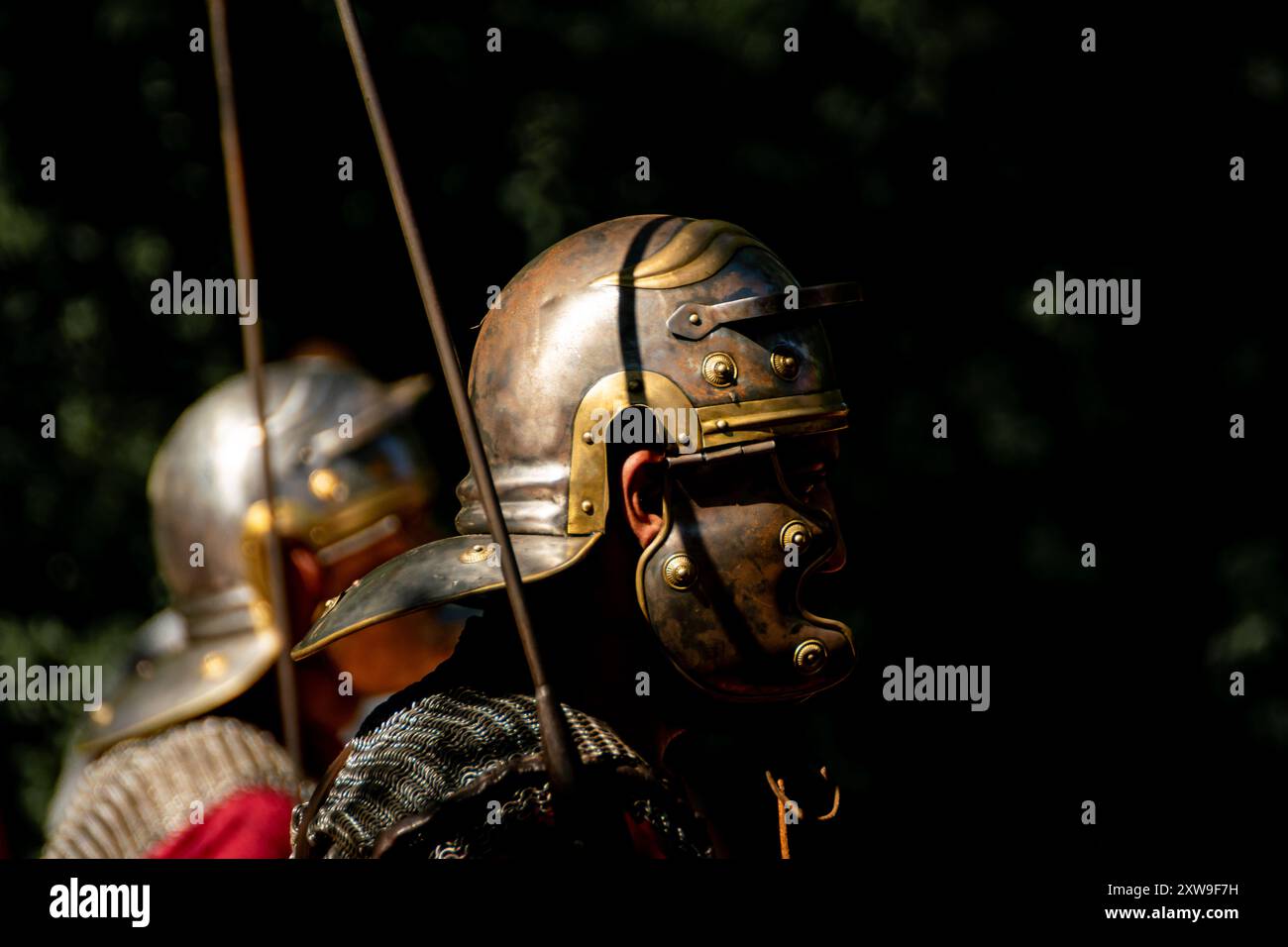 selective focus, two roman legionaries in an act of historical ...