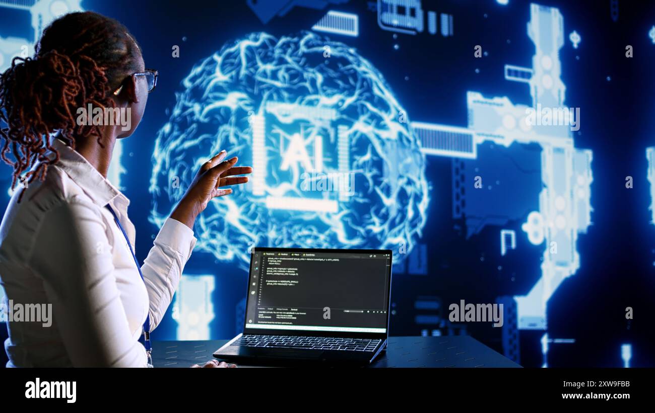 African American It Expert Updating Ai Systems Writing Intricate Binary Code Scripts On Tablet