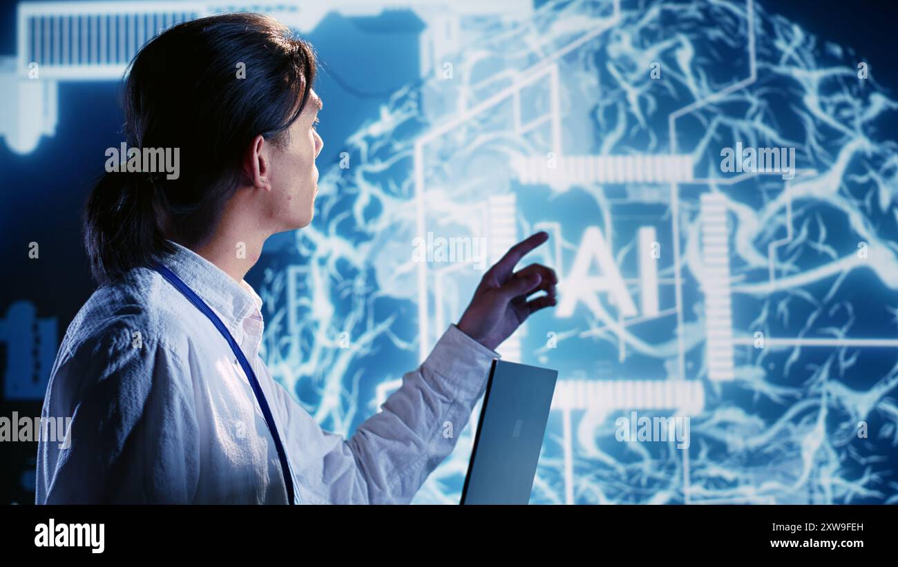 Tech support man developing artificial intelligence neural networks architecture inspired by ...