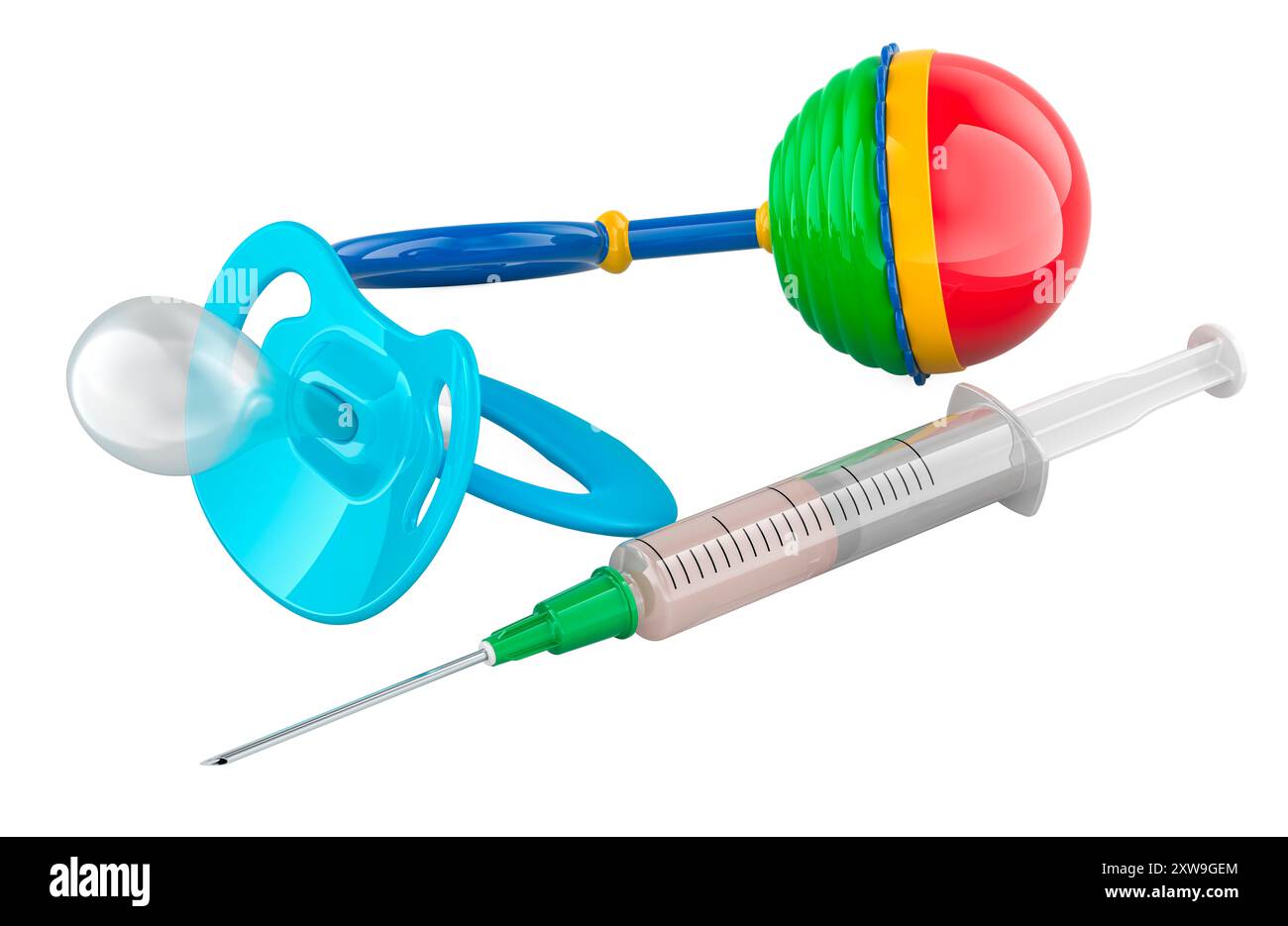 Baby Vaccination, concept. Syringe and baby pacifier with baby rattle ...