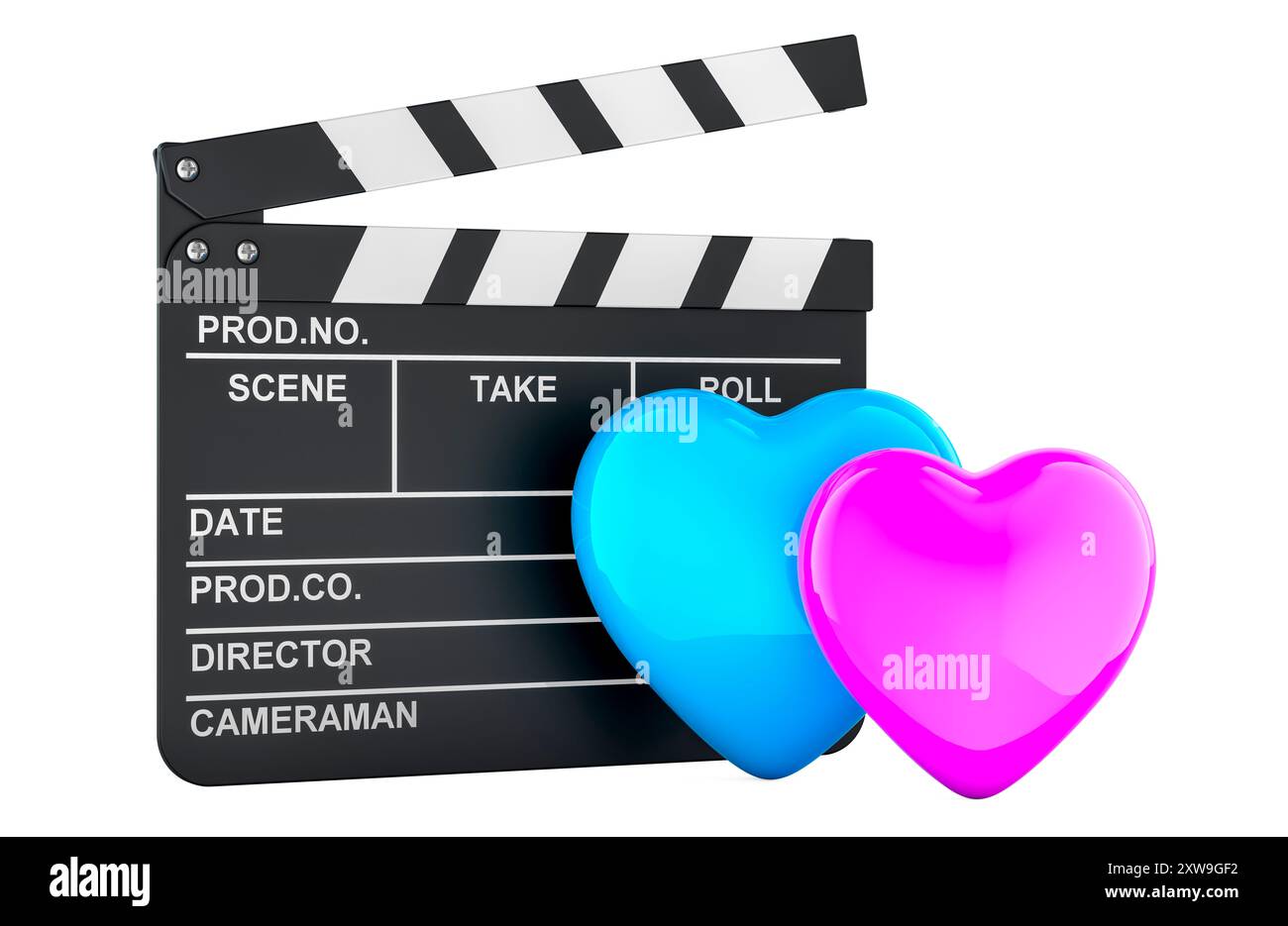 Clapperboard with pink and blue hearts, 3D rendering isolated on white ...