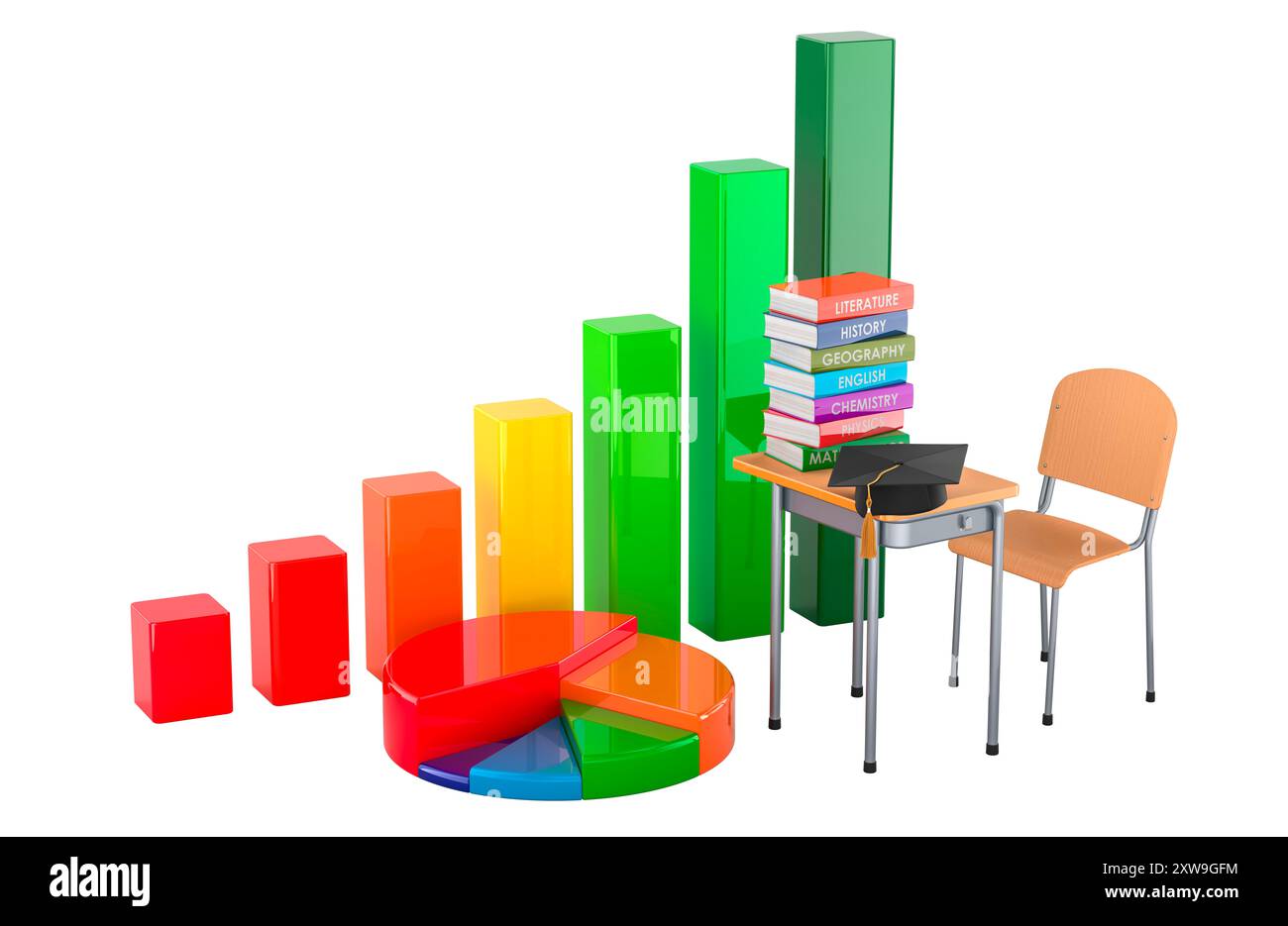 Education research, concept. Pie charts and diagrams with school desk ...