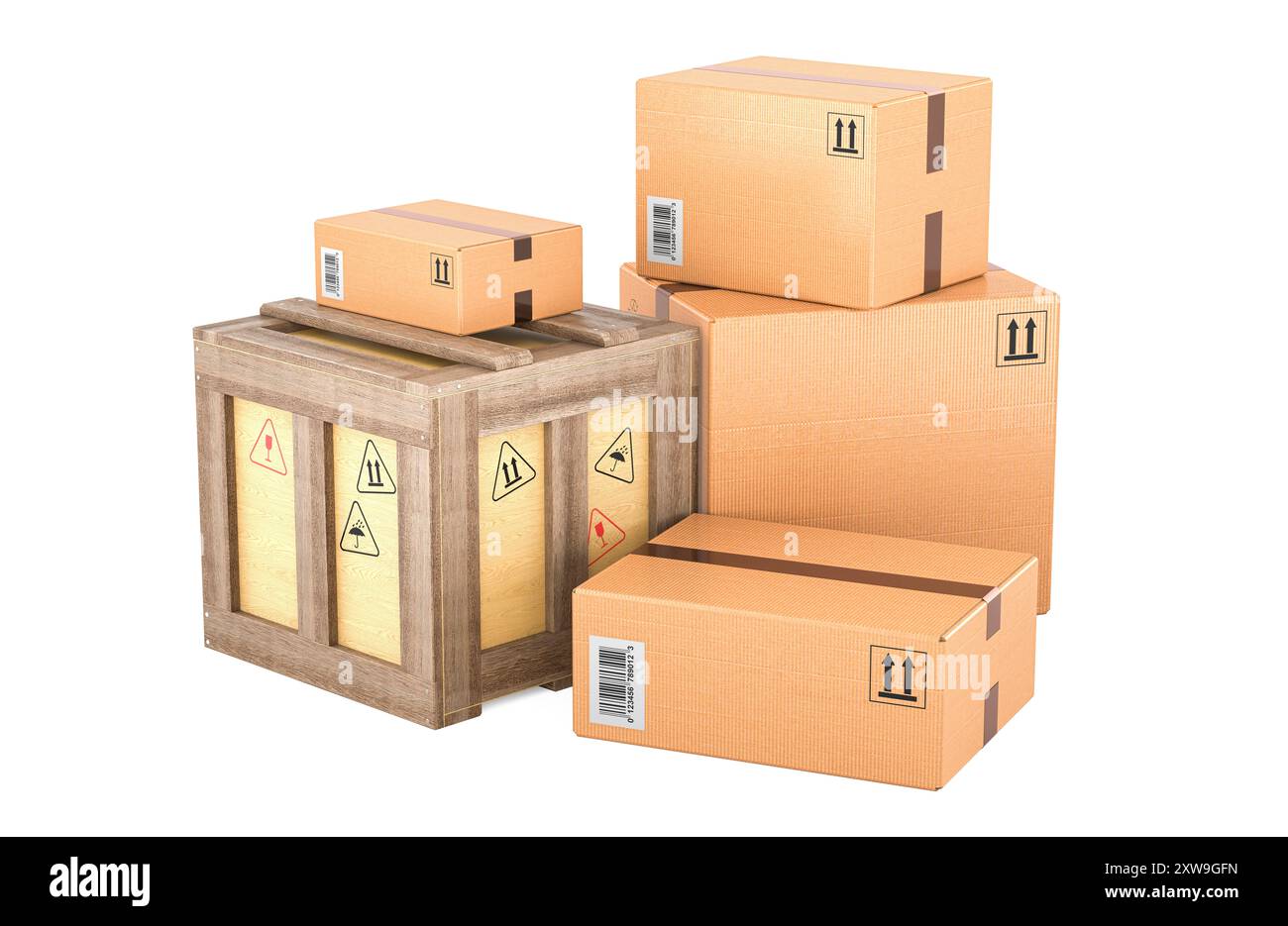 Parcels. Cardboard boxes and wooden shipping crate. 3D rendering isolated on white background ...