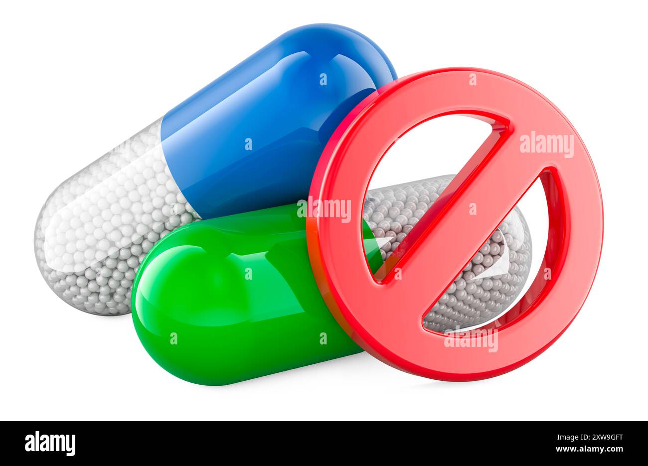 Prohibition symbol with medicament capsules, 3D rendering isolated on ...