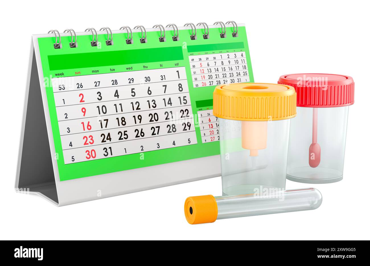 Stool and Urine Analysis, concept. Desk calendar with Containers for ...
