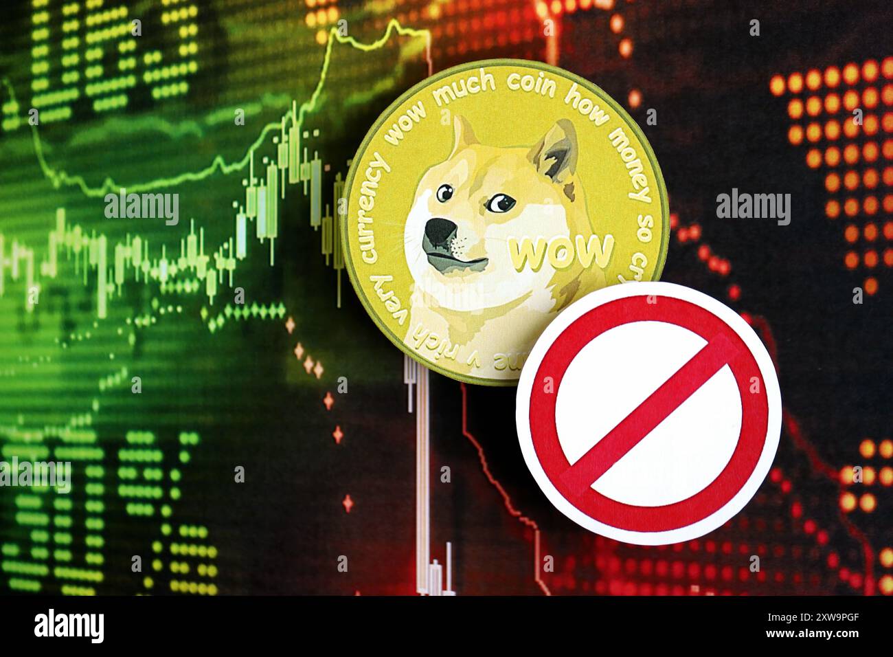 KYIV, UKRAINE - AUGUST 17, 2024 DOGE Meme coin and red paper ...