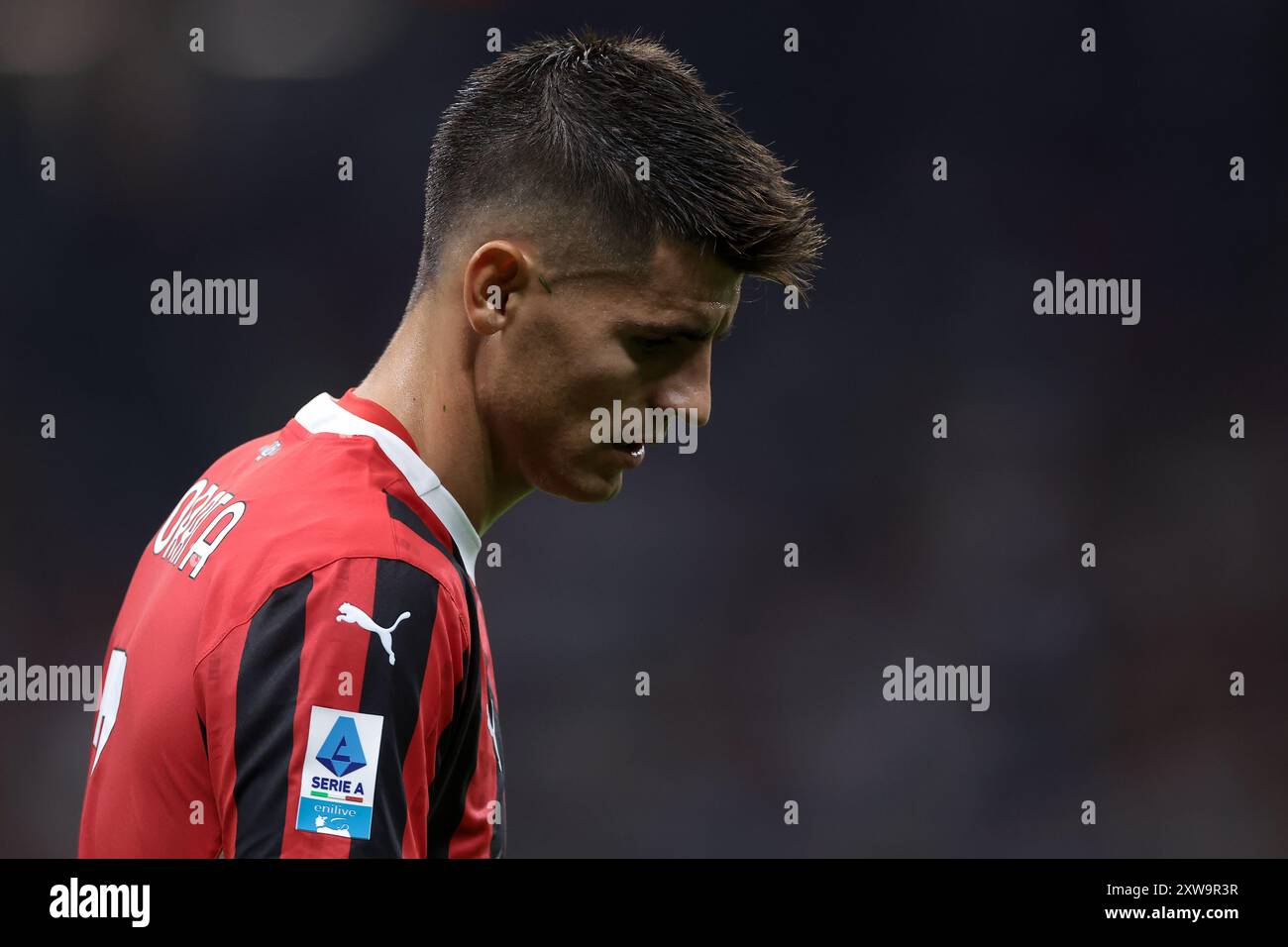 Milan, Italy. 17th Aug, 2024. Alvaro Morata of AC Milan reacts during the Serie A match at ...