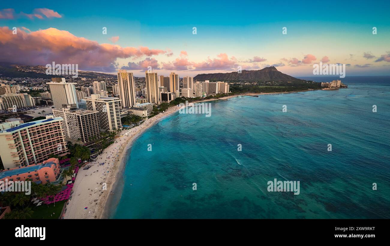 Waikiki Beach Honolulu Hawaii Aerial View Skyline Diamond Head at Sunset, Oahu Island Stock ...